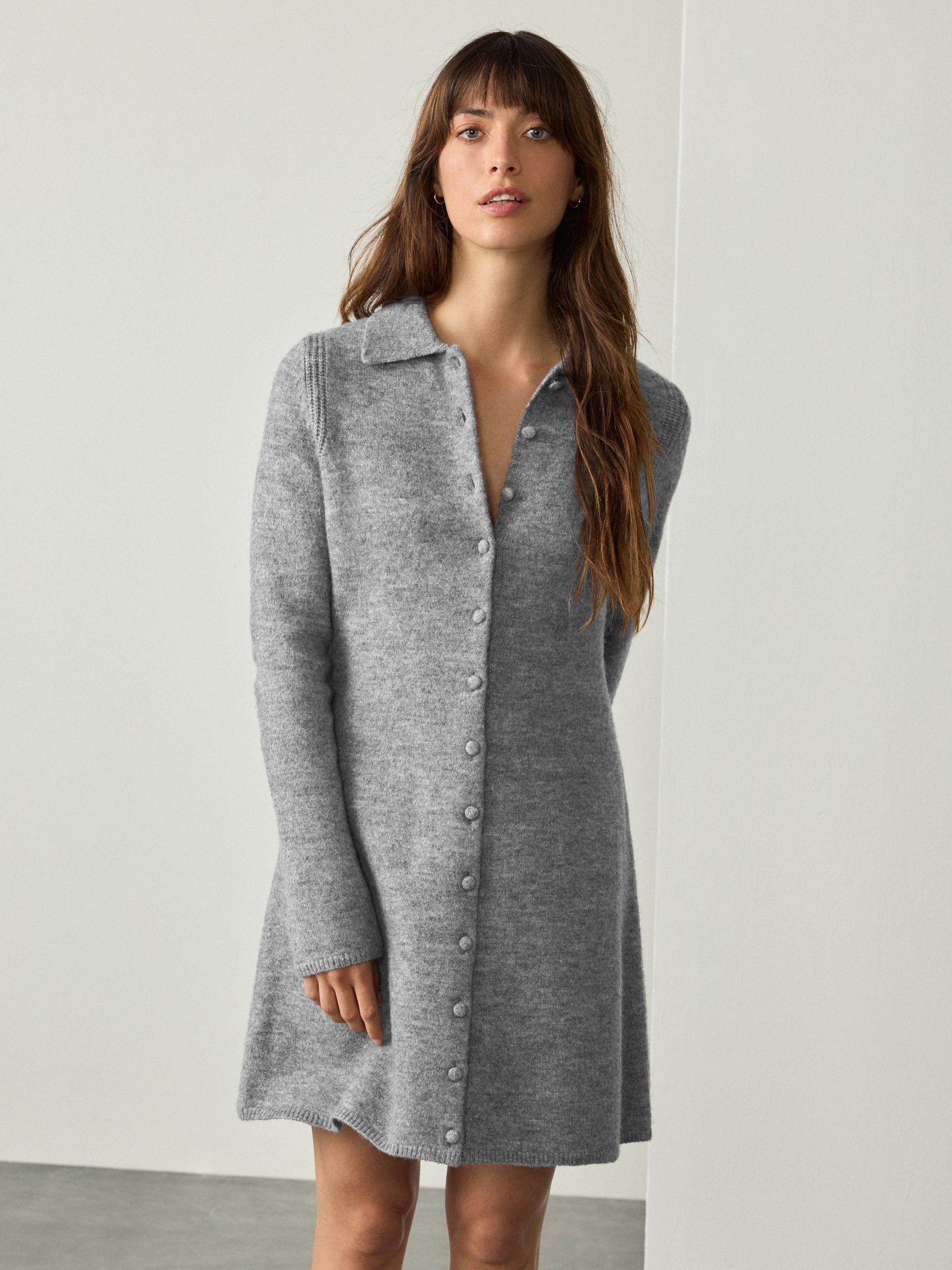 Buy Grey Button Down Long Sleeve Collar Knitted Jumper Dress from the ...