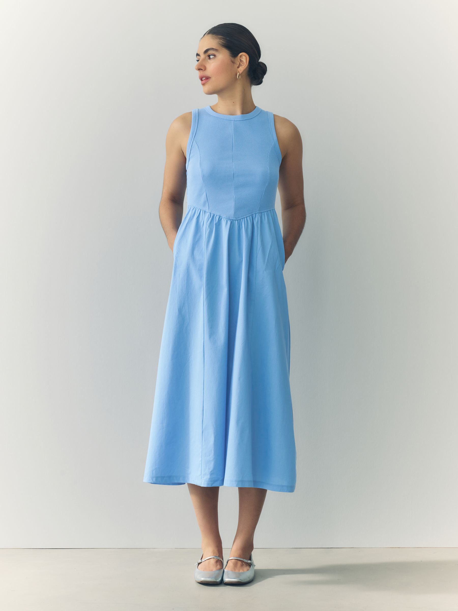 Buy Bright Blue - Woven Jersey Mix Sleeveless Racer Ribbed Midi Dress ...