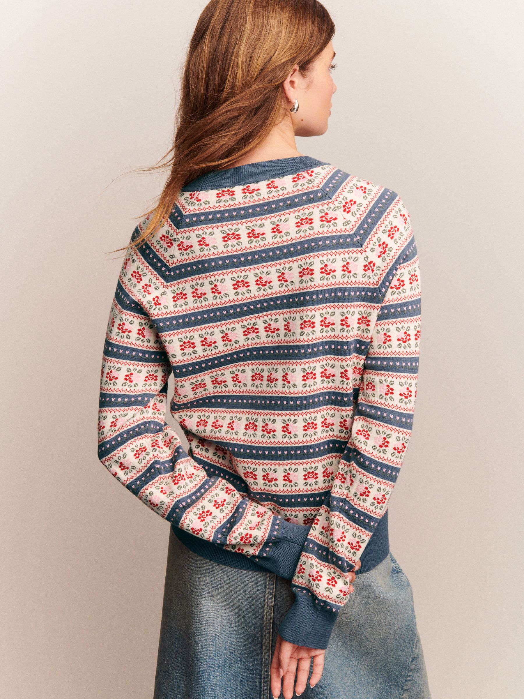 Buy Blue/Cream Floral Stripe Soft Touch Crew Neck Cotton Rich Jumper ...