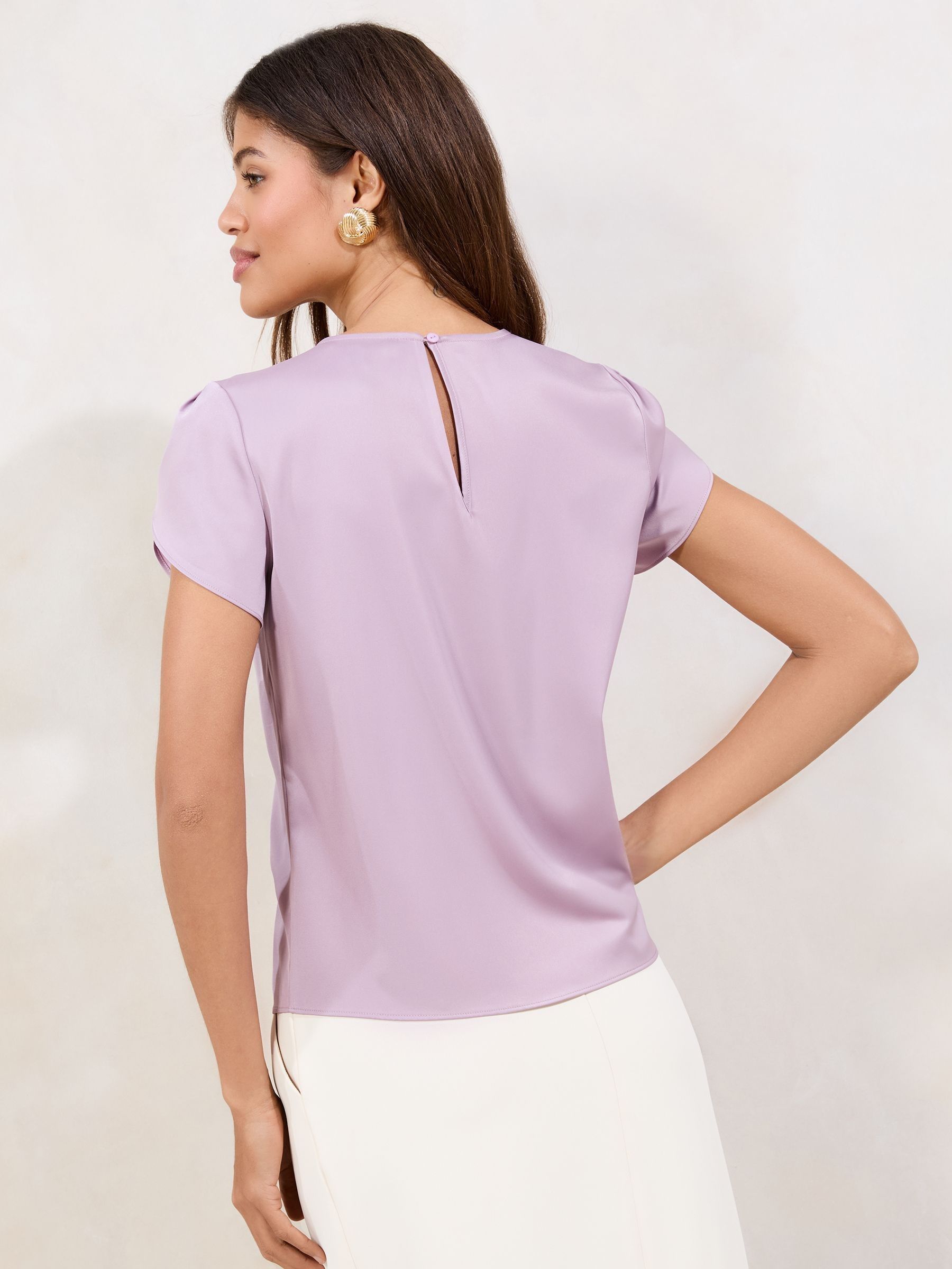 Buy Lipsy Lilac Purple Tulip Sleeve Round Neck Button Detail Satin Top ...
