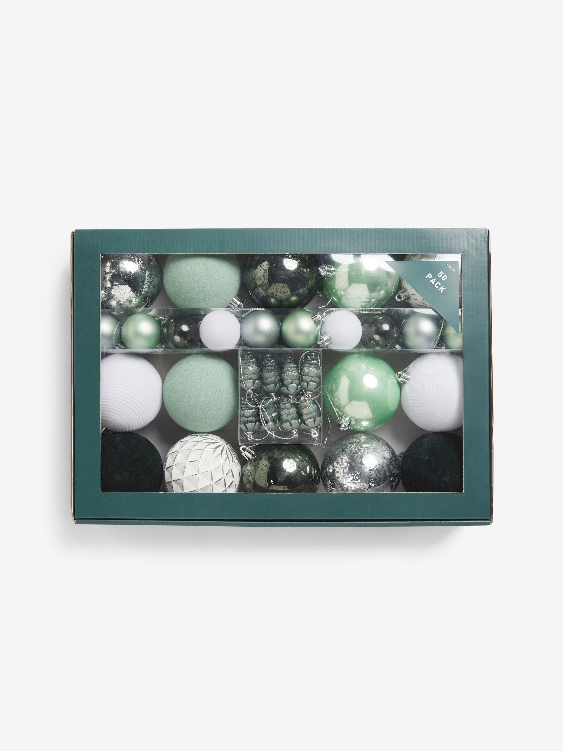 Buy 50 Pack White/Green Mix Shatterproof Christmas Baubles from Next ...