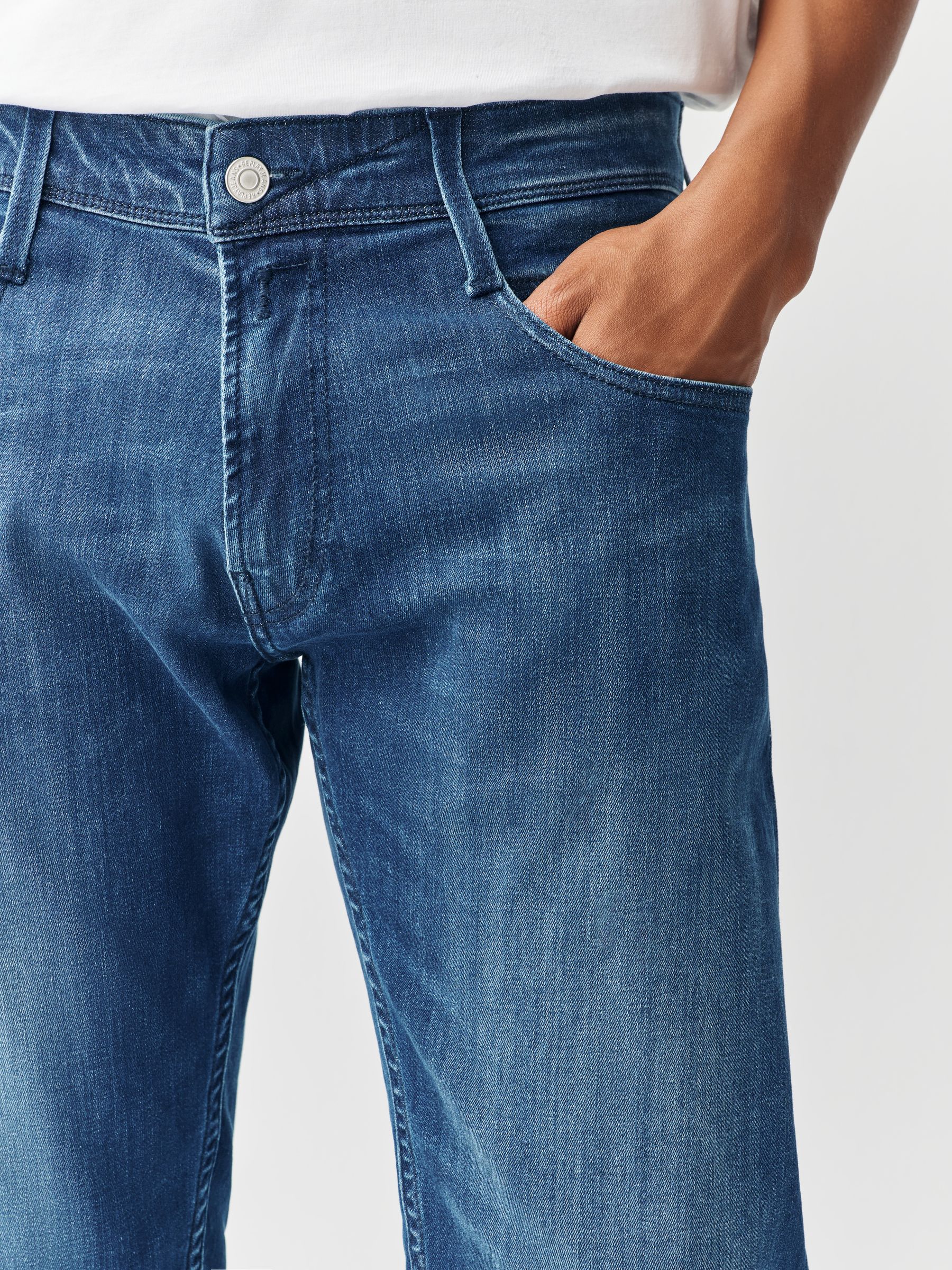 Buy Replay Mid Blue Denim Powerstretch Straight Fit Grover Stretch ...