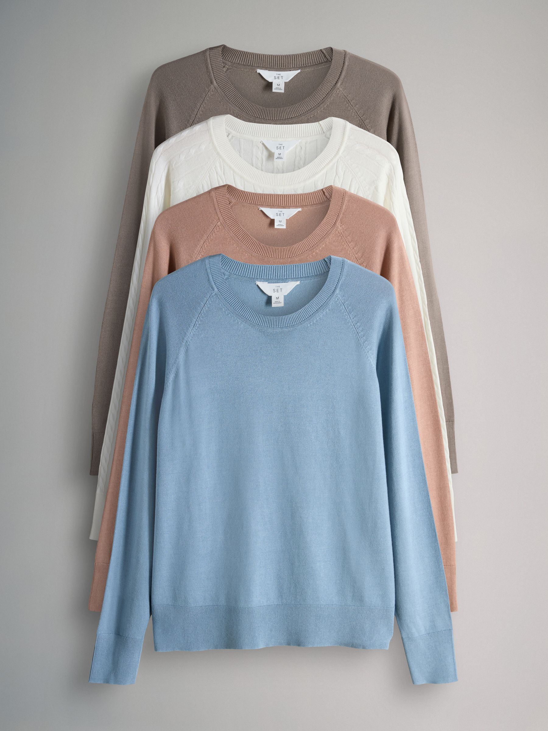 Buy The Set 4 Pack Fine Knit Crew Neck Jumpers Blue/Tan/Neutral/ Cream ...