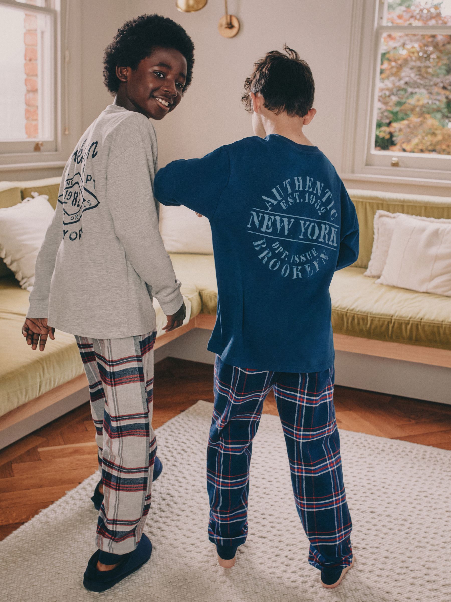 Buy Grey/Blue Long Sleeve Woven Check Pyjamas 2 Pack (3-16yrs) from the ...