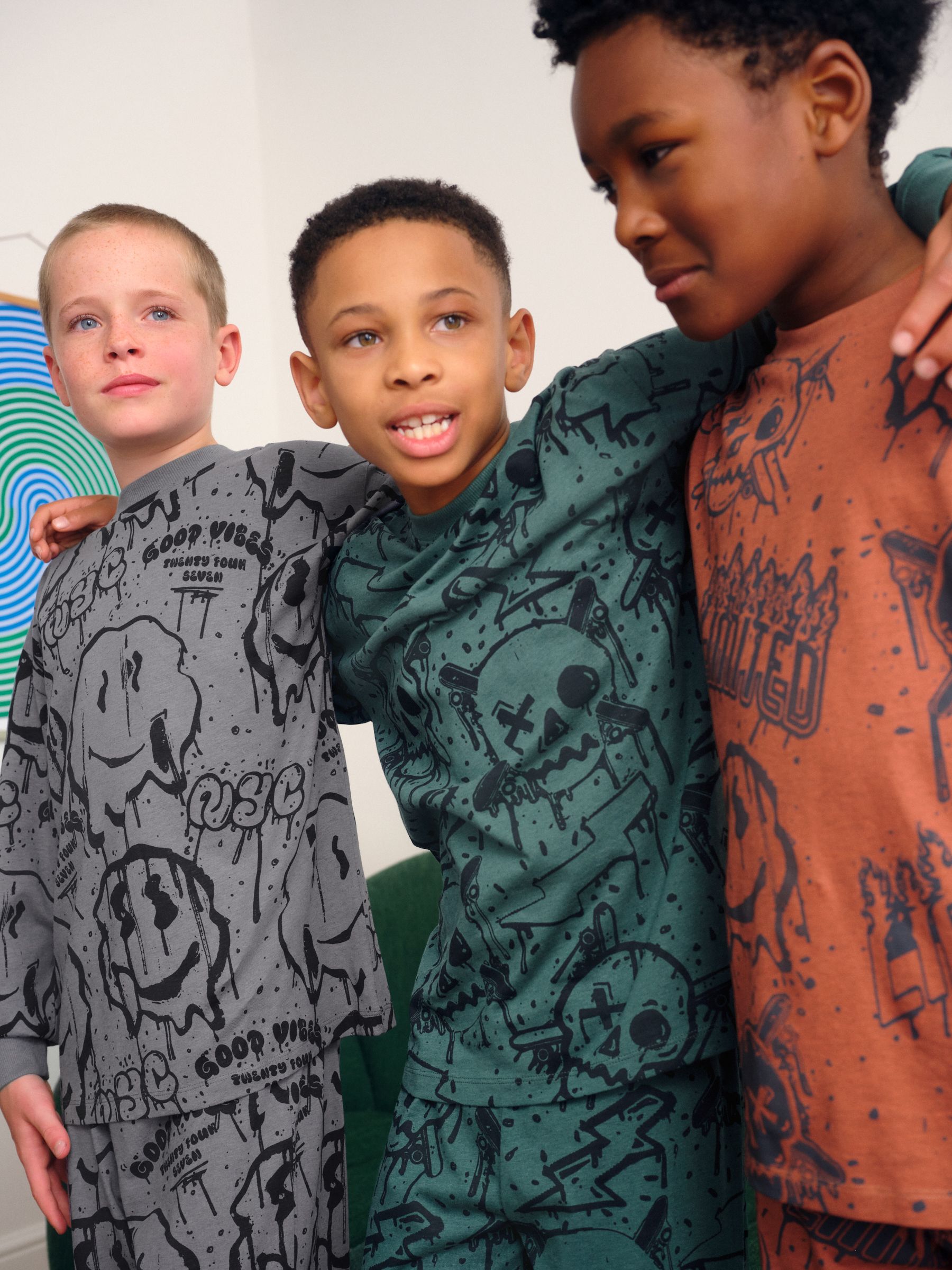 Buy Green/Orange Graffiti Skull - Long Sleeve Pyjamas 3 Pack (3-16yrs ...