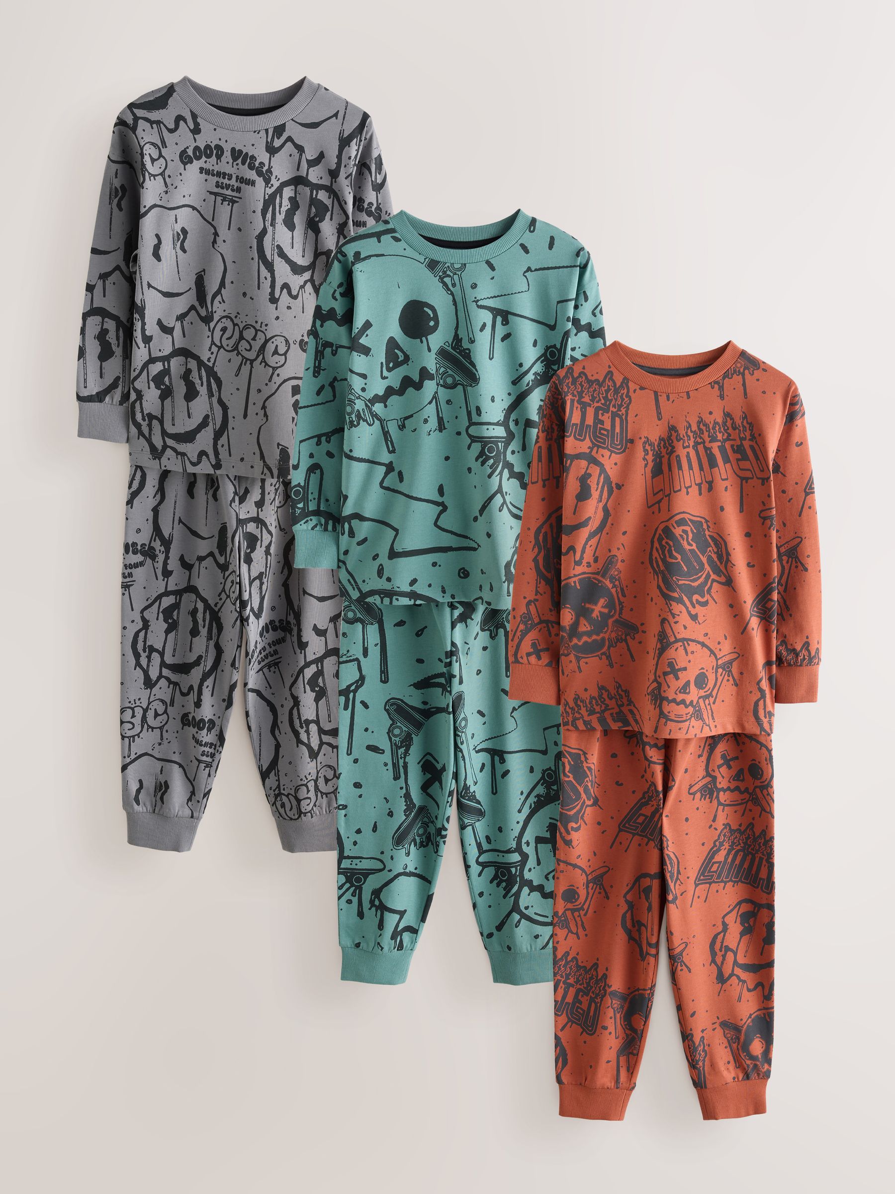 Buy Green/Orange Graffiti Skull Long Sleeve Pyjamas 3 Pack (3-16yrs ...