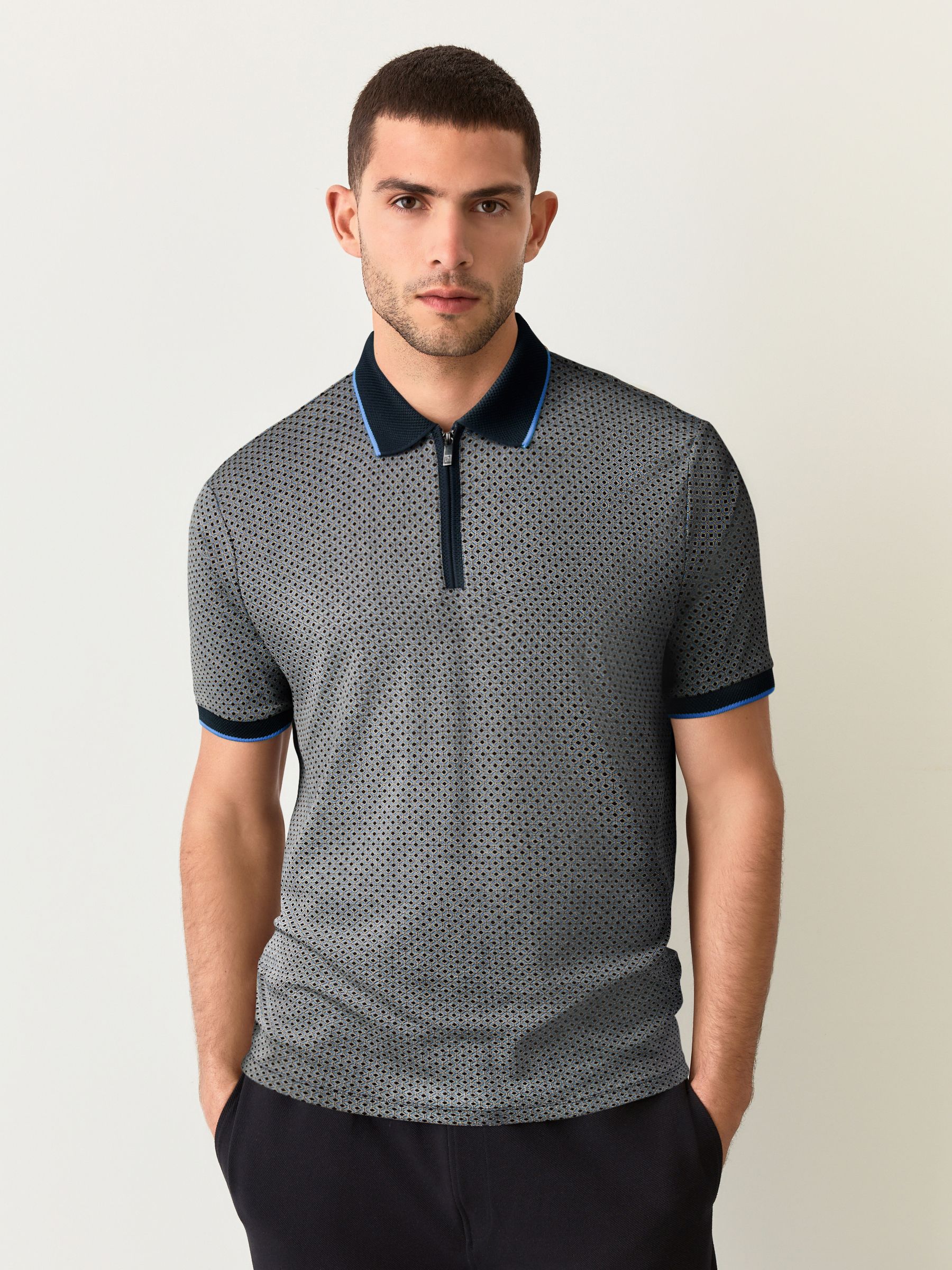 Buy Blue Navy Geo Pattern Quarter Zip Polo Shirt from the Next UK ...