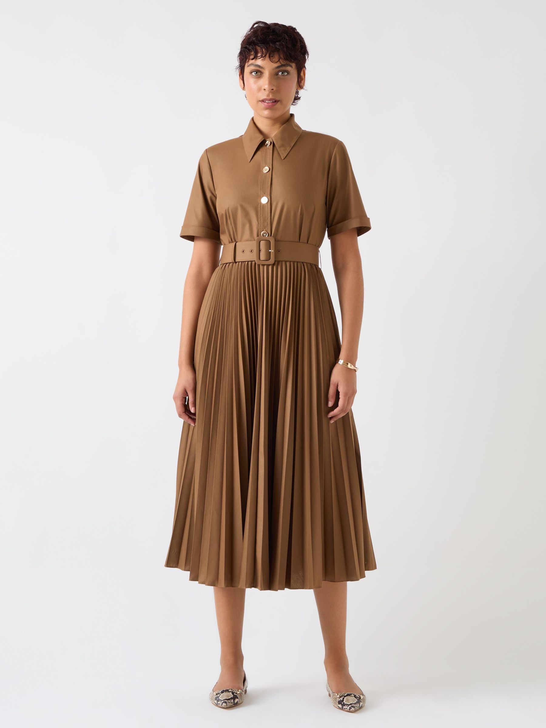 Buy LK Bennett Brown Cally Mocha Pleated Cotton Shirt Dress from the ...