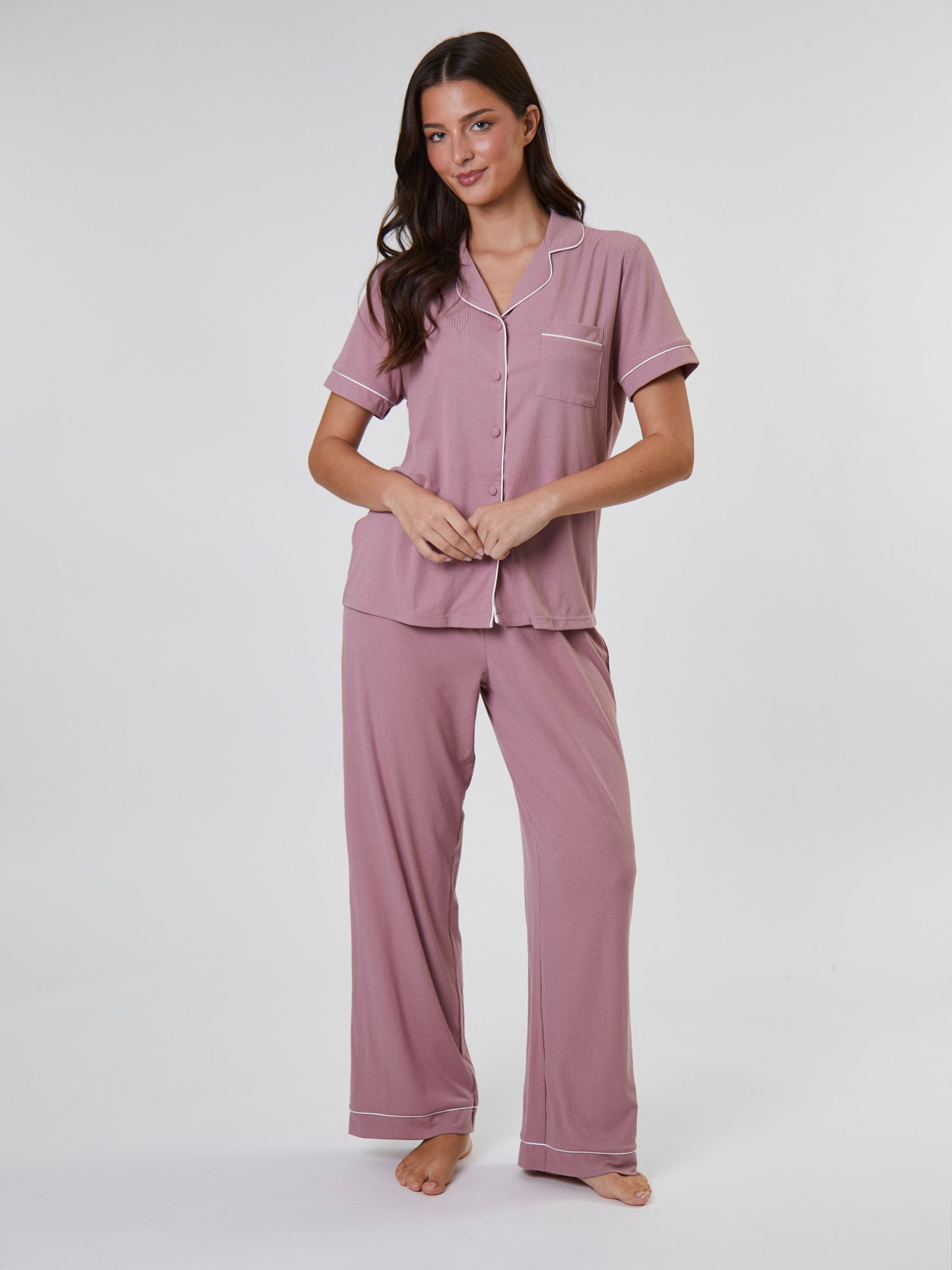 Buy Loungeable Dusty Pink/White Trim Soft Rib Short Sleeve Button ...