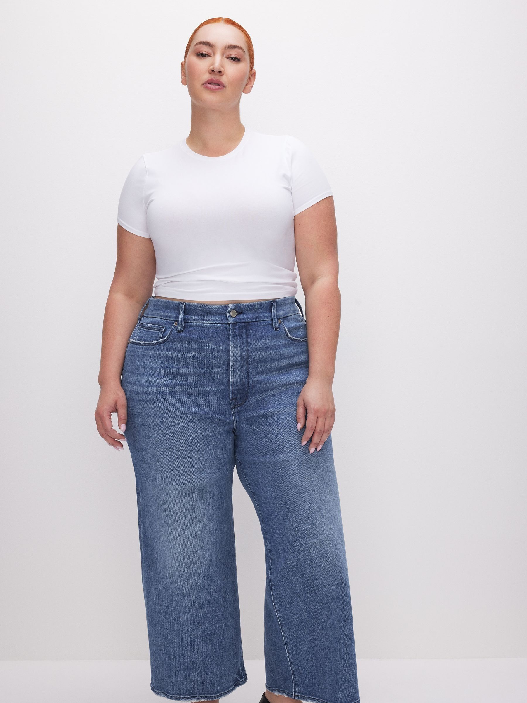 Buy Good American Blue 100% Cotton Waist Palazzo Crop Jeans from the ...