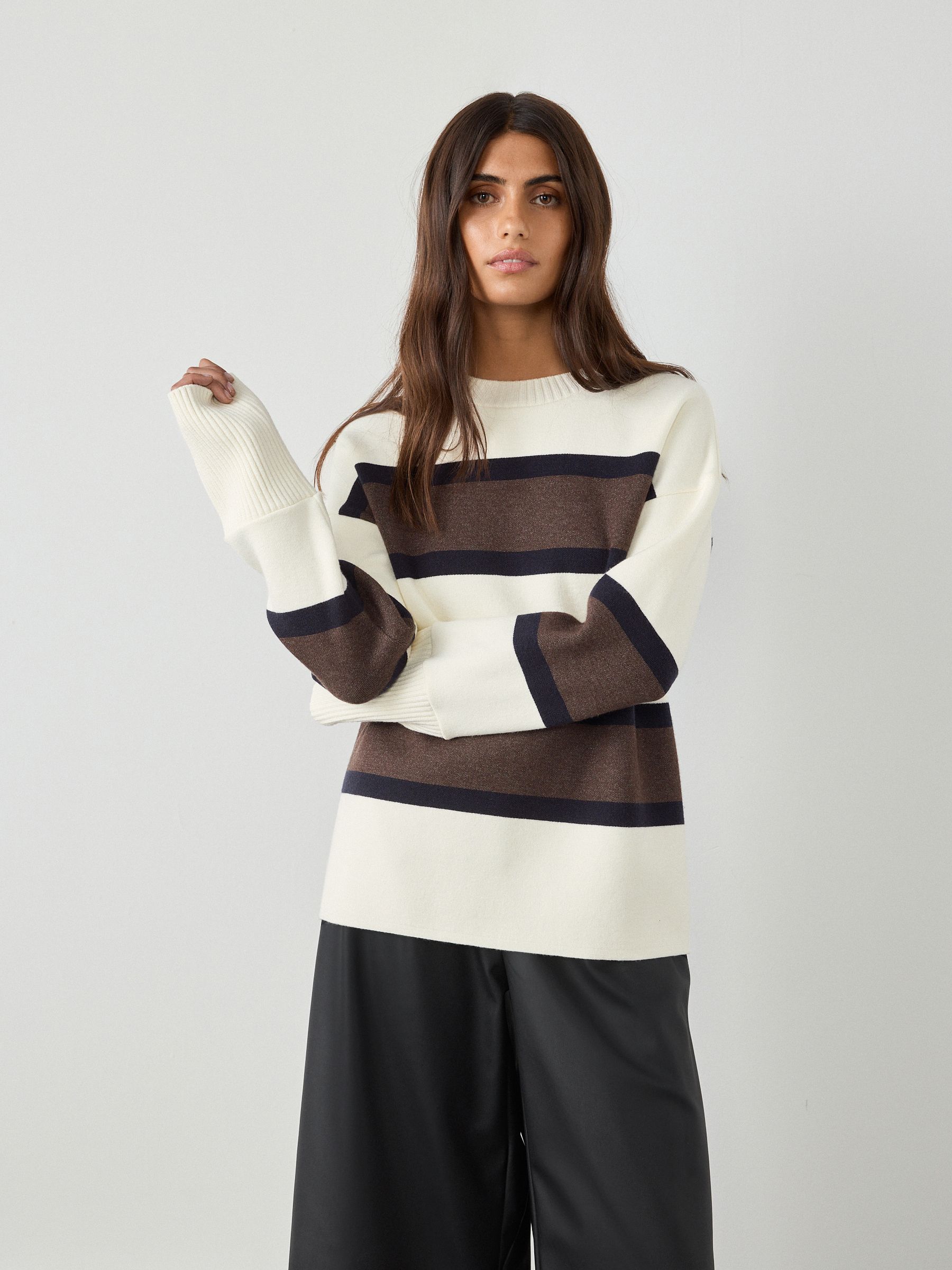 Buy Black/Brown/Ecru Stripe Cosy Crew Neck Jumper With Ribbed Detail ...