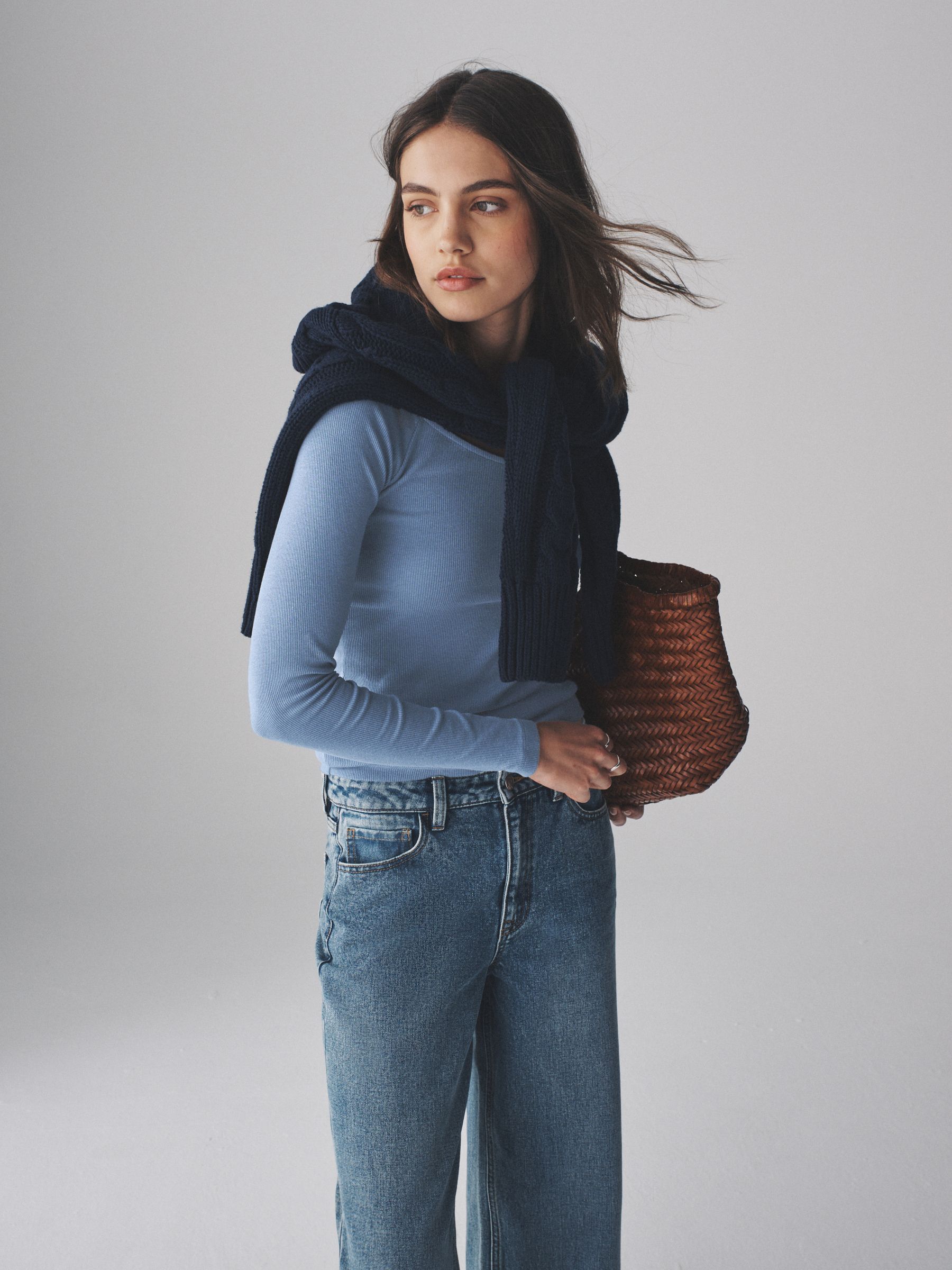 Buy The Set 4 Pack Deep V-Neck Ribbed Long Sleeve Tops Cream/Navy/Blue ...