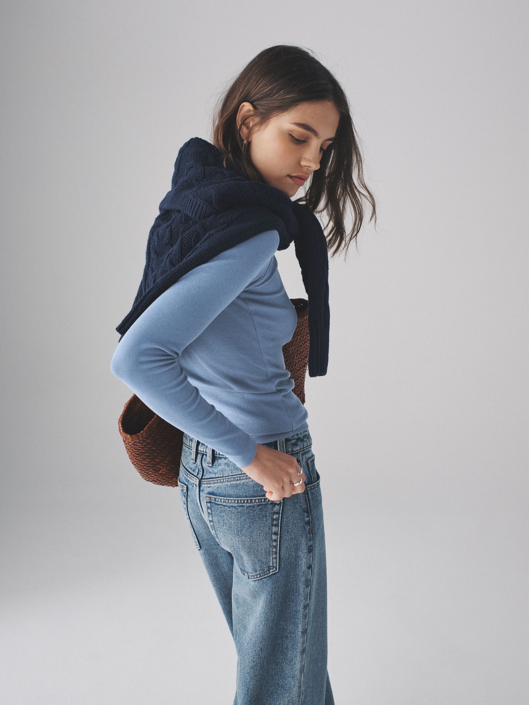 Buy The Set 4 Pack Deep V-Neck Ribbed Long Sleeve Tops Cream/Navy/Blue ...