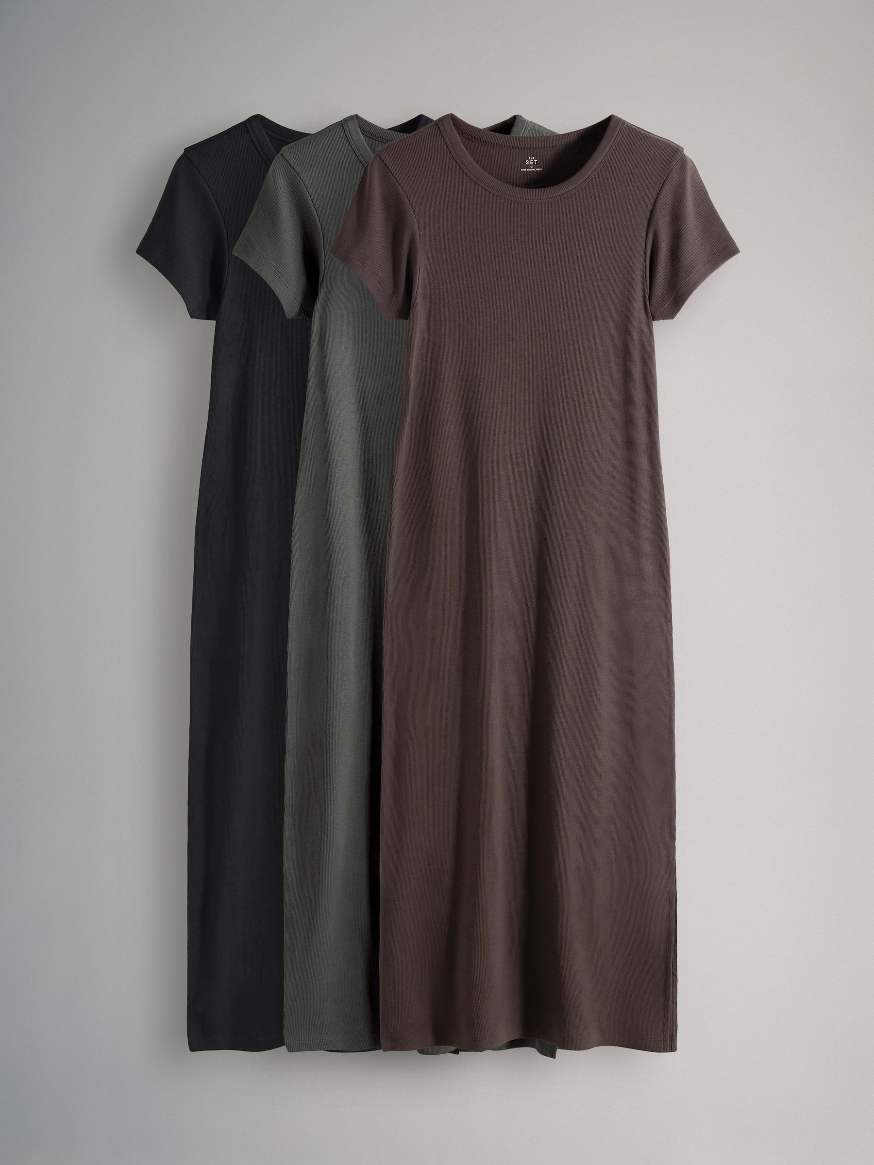 Buy The Set 3 Pack Ribbed Midi Dresses Black/Chocolate/Charcoal from ...