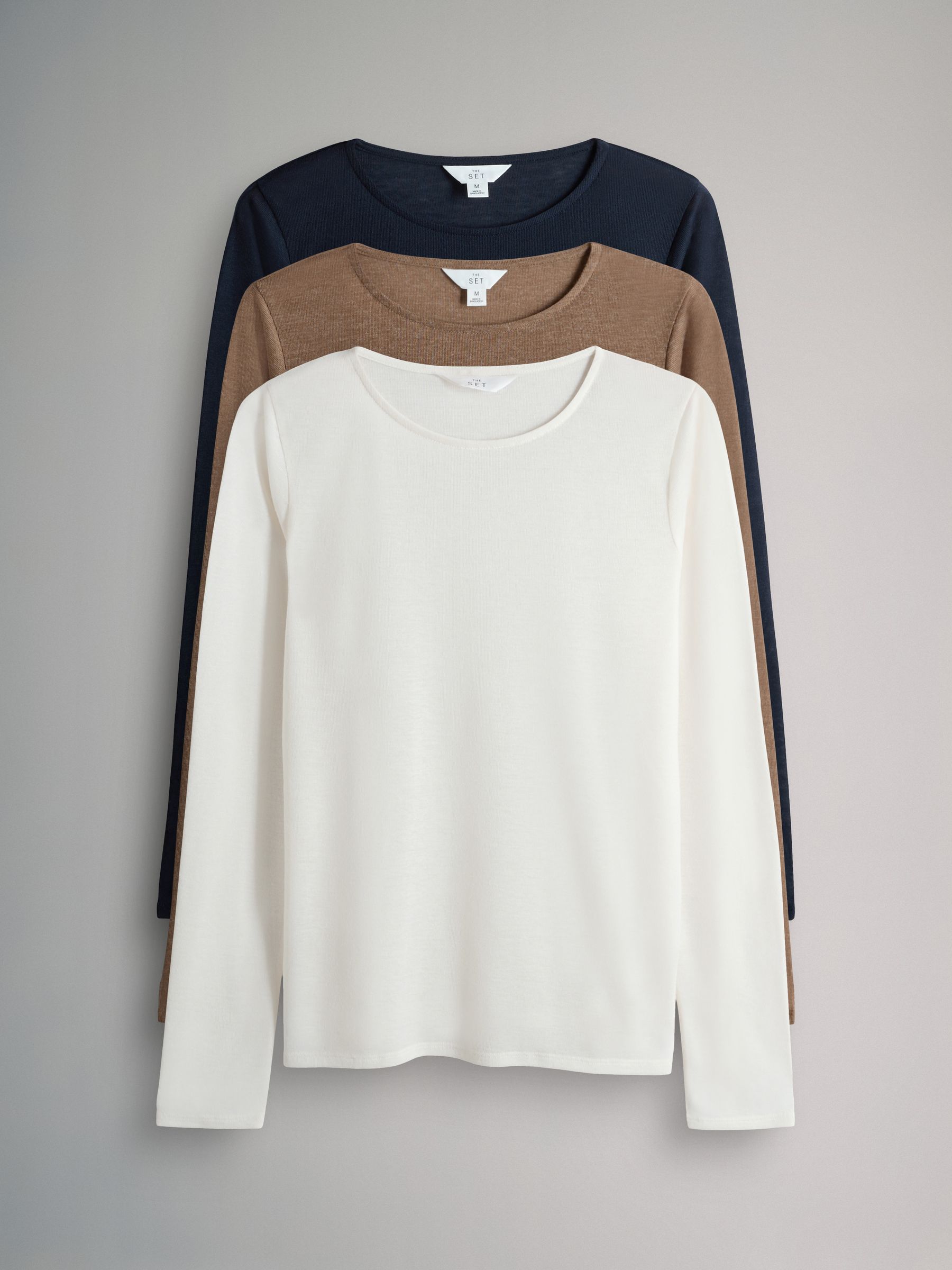 Buy The Set 3 Pack Sheer Long Sleeve T-Shirts Cream/Brown/Navy Blue ...