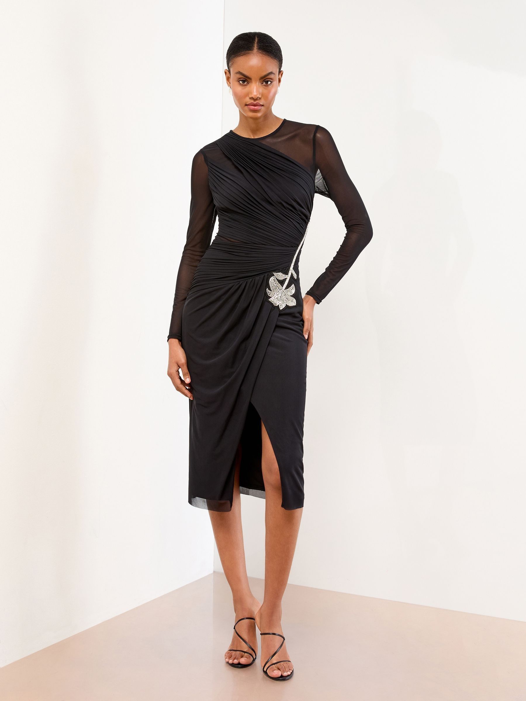 Buy Lipsy Black Long Sleeve Embellished Trim Mesh Bodycon Midi Dress ...