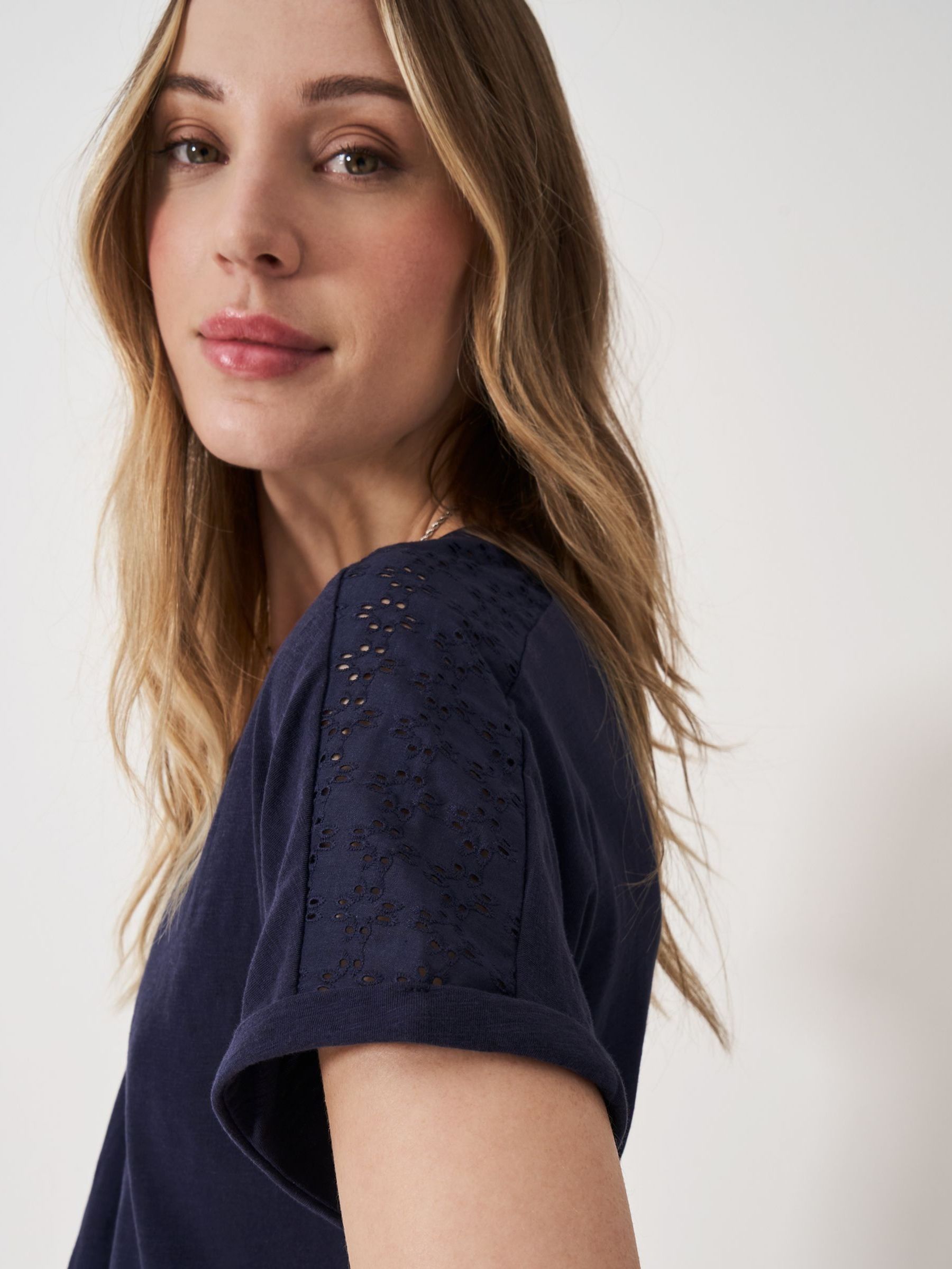 Buy Crew Clothing Blue Sleeve Detail V-Neck 100% Cotton Top from the ...