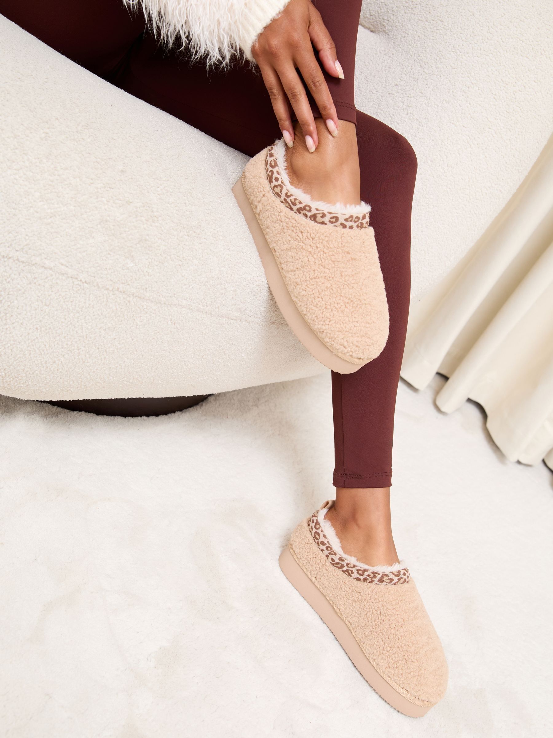 Buy Lipsy Natural Borg Leopard Print Trim Platform Slippers Boots from ...