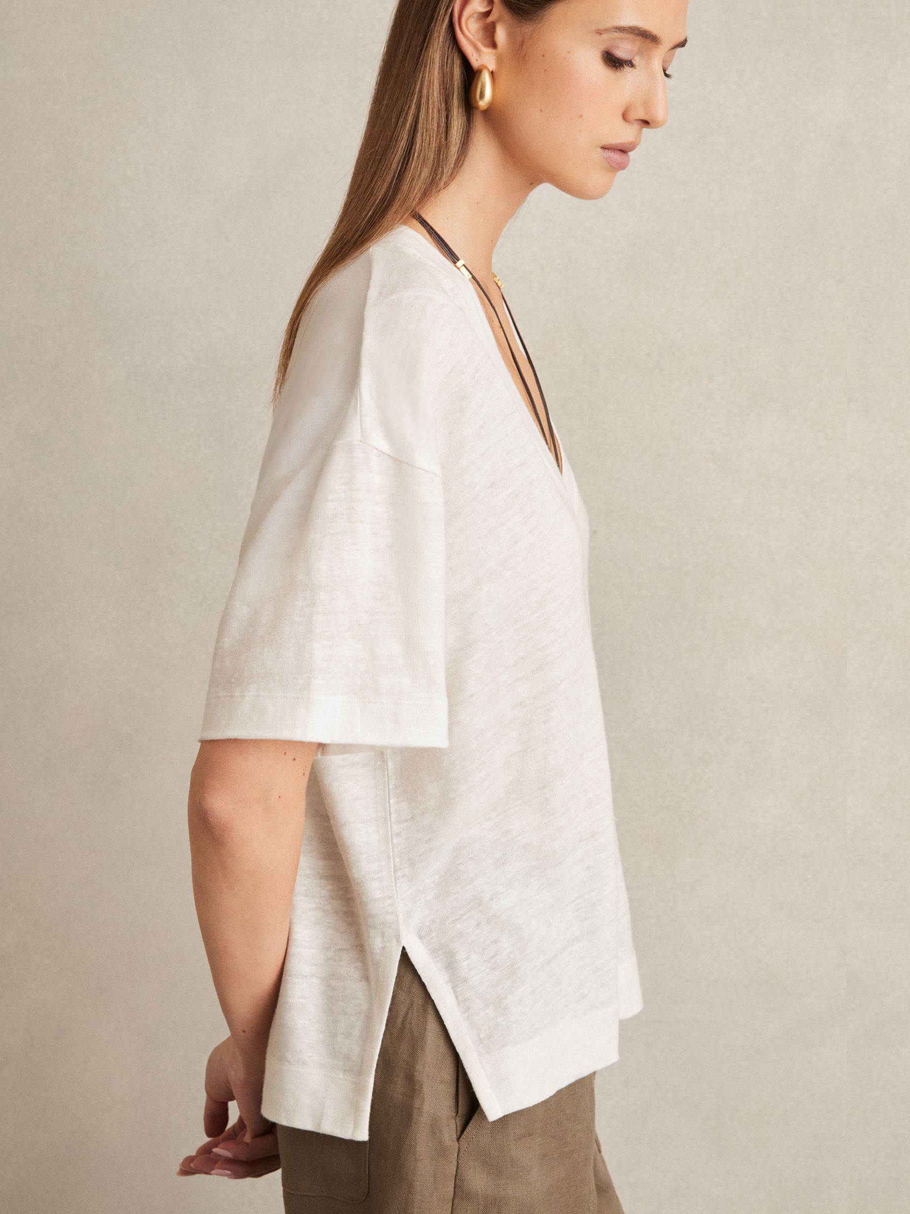 Buy Reiss White Ember Linen V-Neck T-Shirt from the Next UK online shop