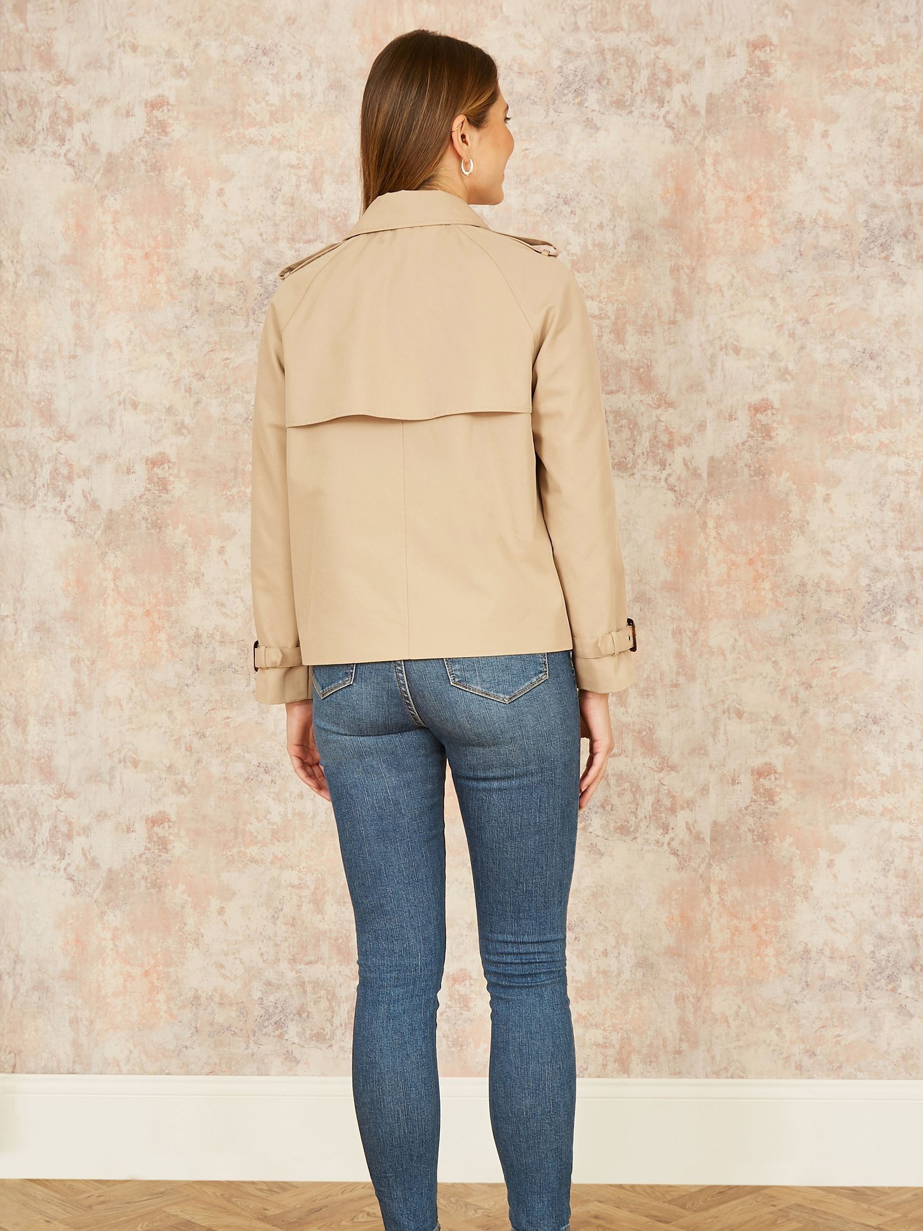 Buy Yumi Natural Cropped Trench Jacket With Pockets and Check Lining ...
