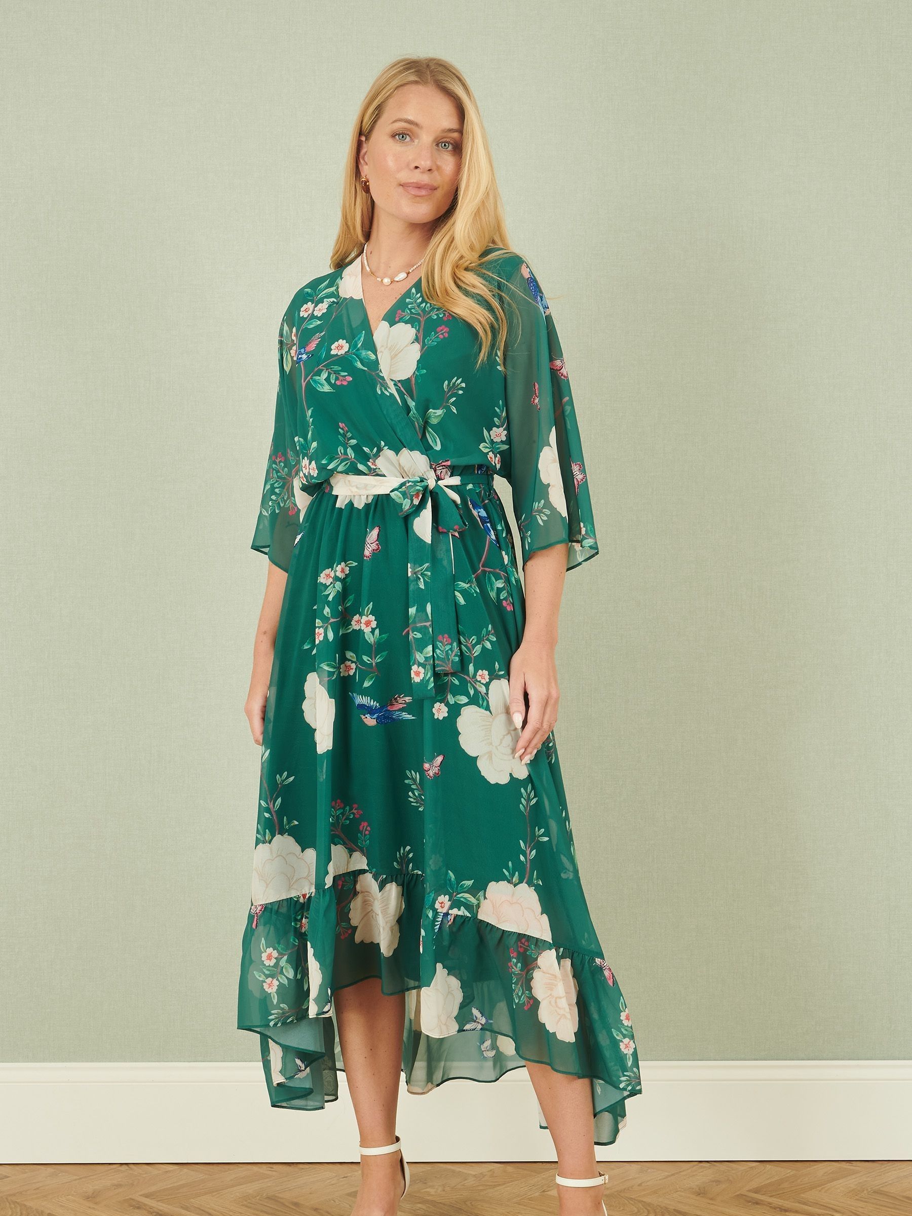 Buy Yumi Green Bird and Floral Print Midi Wrap Dress from the Next UK ...