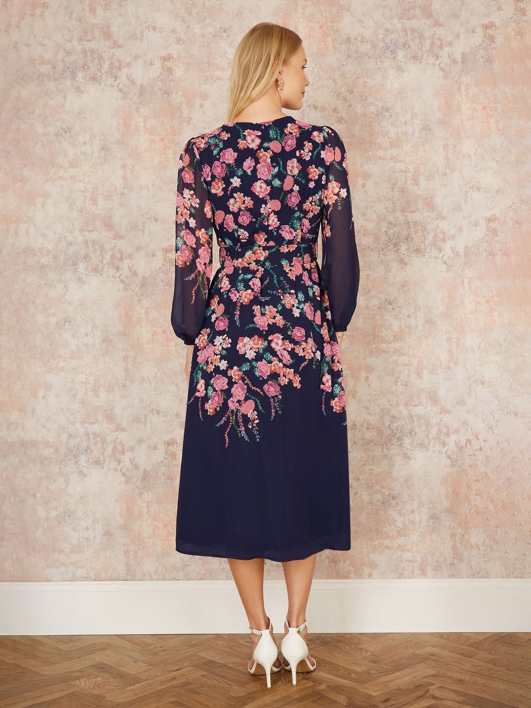 Buy Yumi Blue Button Up Midi Dress With Floral Print Placement And Long ...