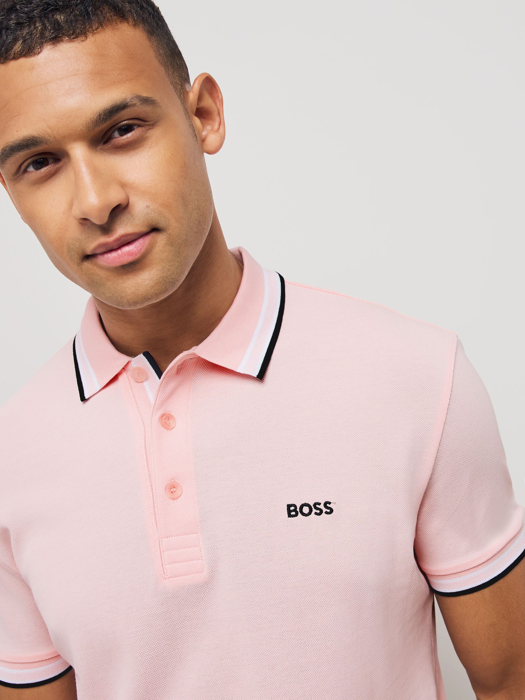 Buy BOSS Pink Regular Fit Paddy Tipped Collar 100% Cotton Polo Shirt ...