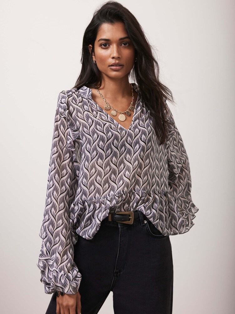 Buy Mint Velvet Grey Geometric Print Ruffle Blouse from Next Ireland