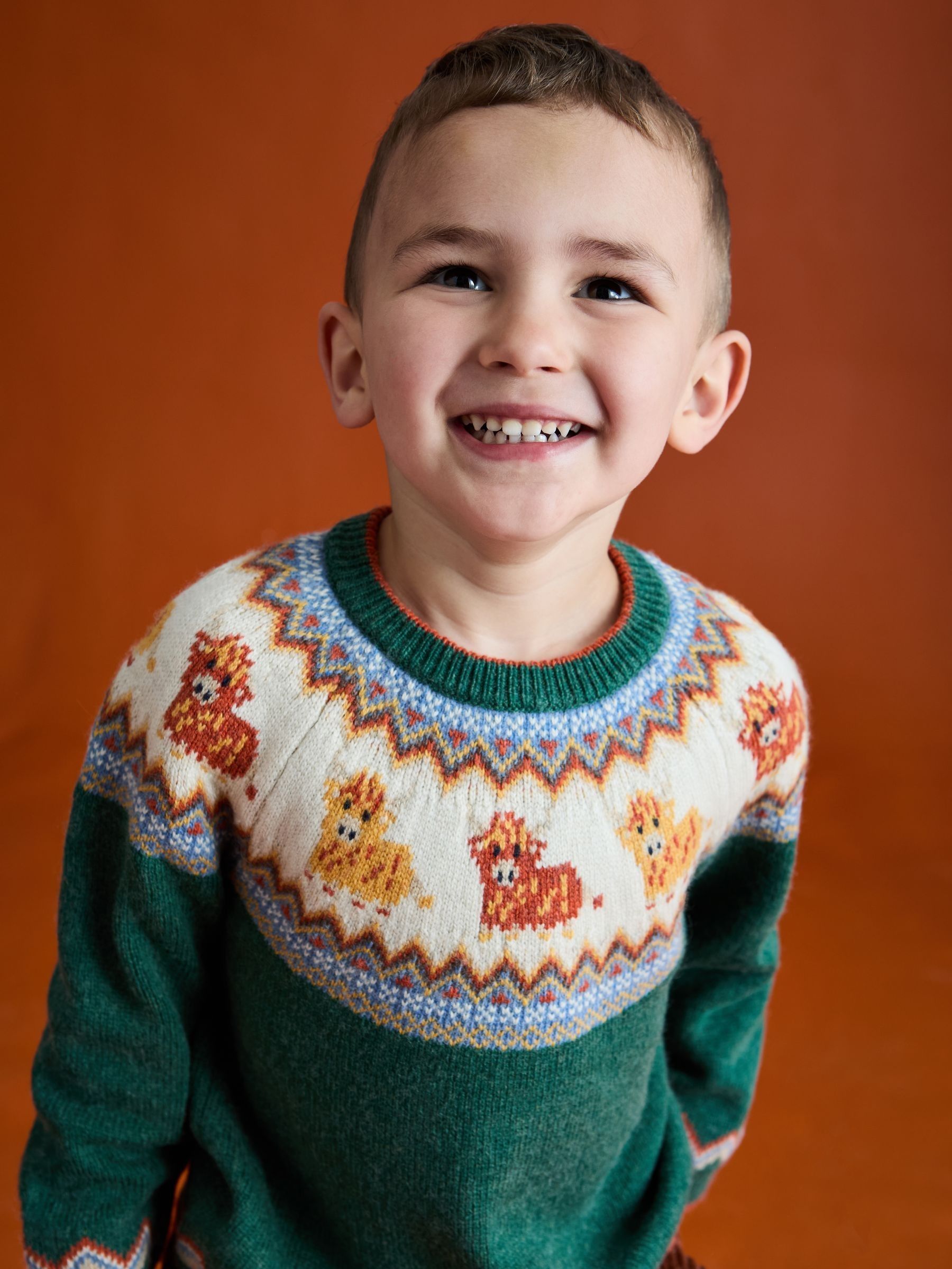 Buy JoJo Maman Bébé Green Highland Cow Character Fair Isle Jumper from ...