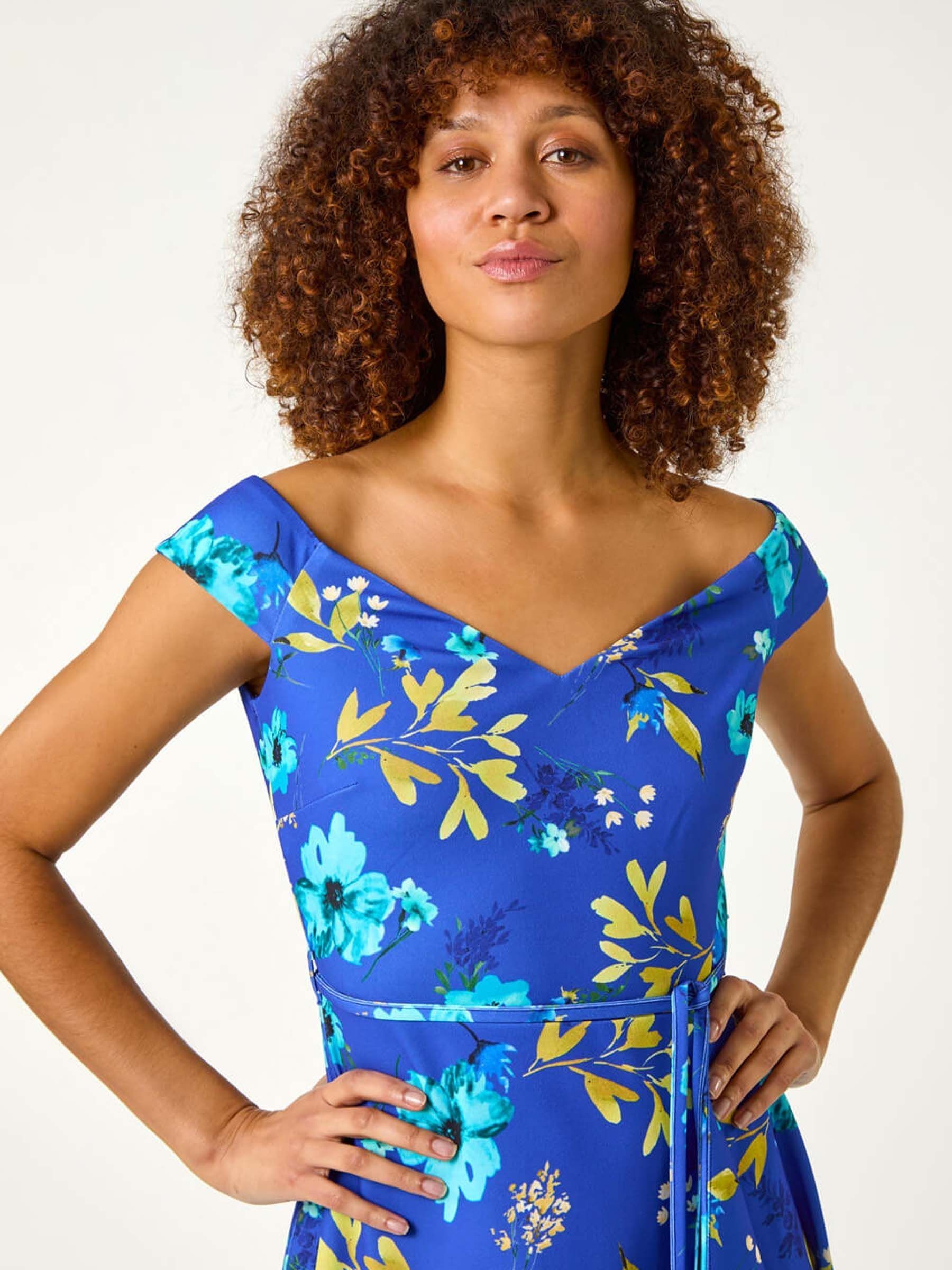 Buy Roman Blue Floral Print Bardot Ruffle Dress from the Next UK online ...