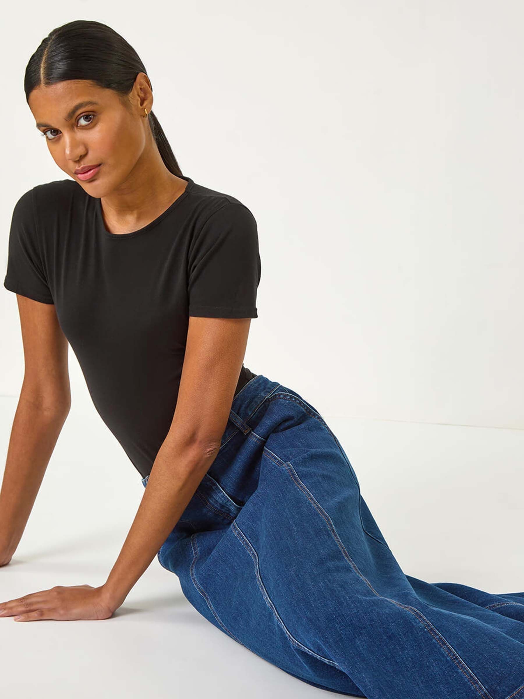 Buy Roman Blue Denim Panelled Midi Skirt from Next Australia