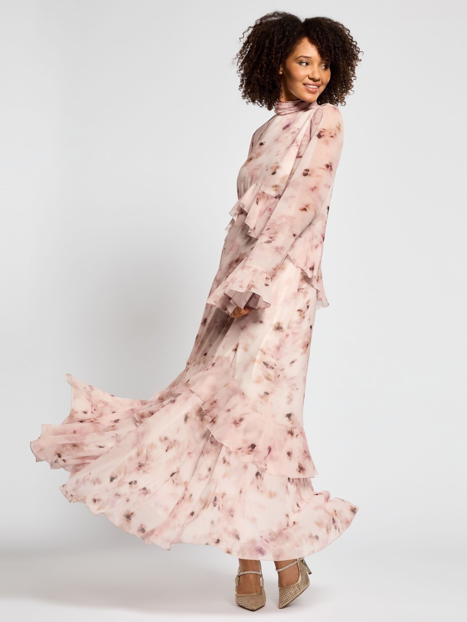 Buy Daska Pink Amy Maxi Dress With Long Sleeves And Ruffle Detail On ...