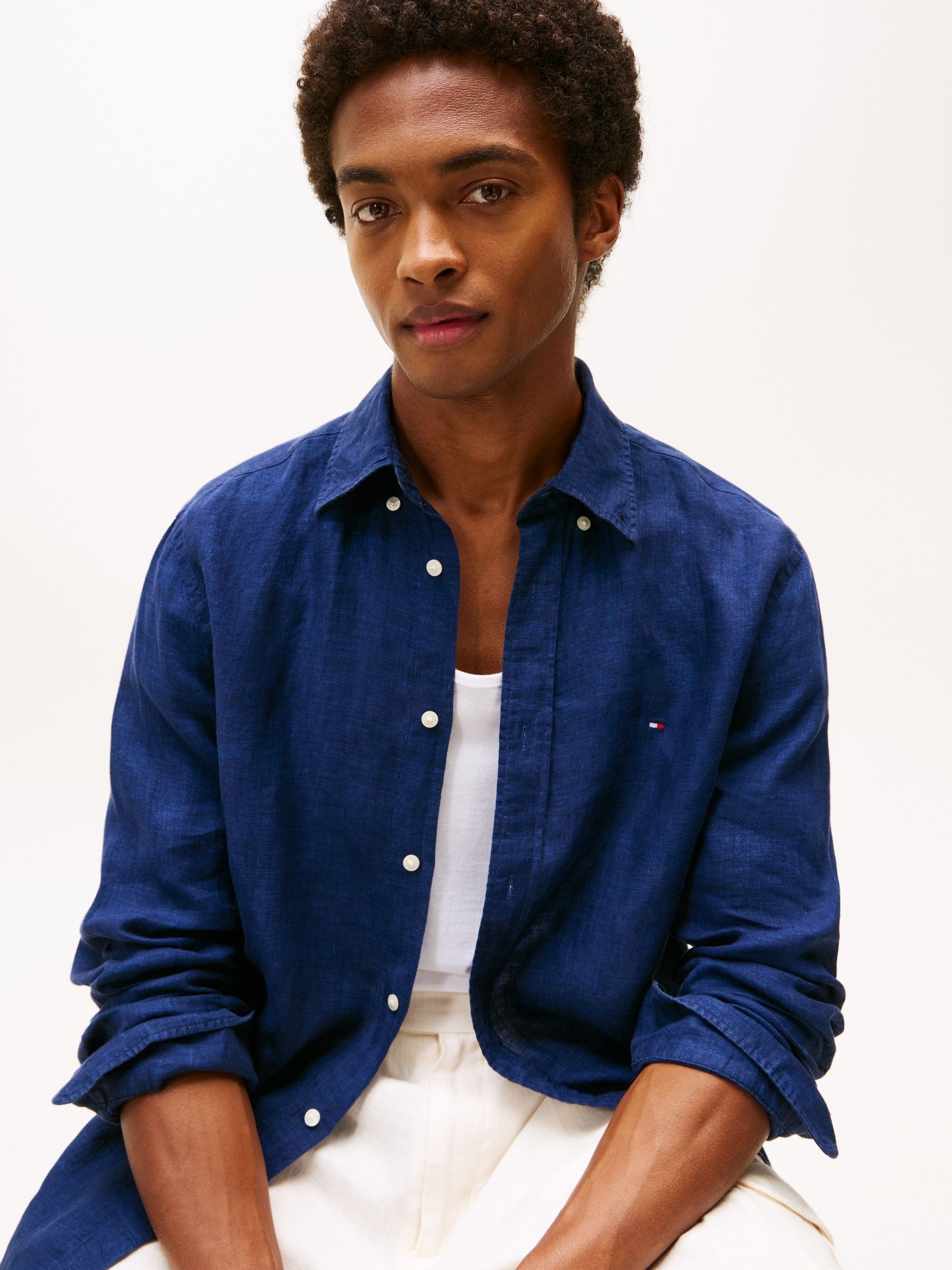 Buy Tommy Hilfiger Blue Dark Stripe Washed Linen Long Sleeve Shirt from ...