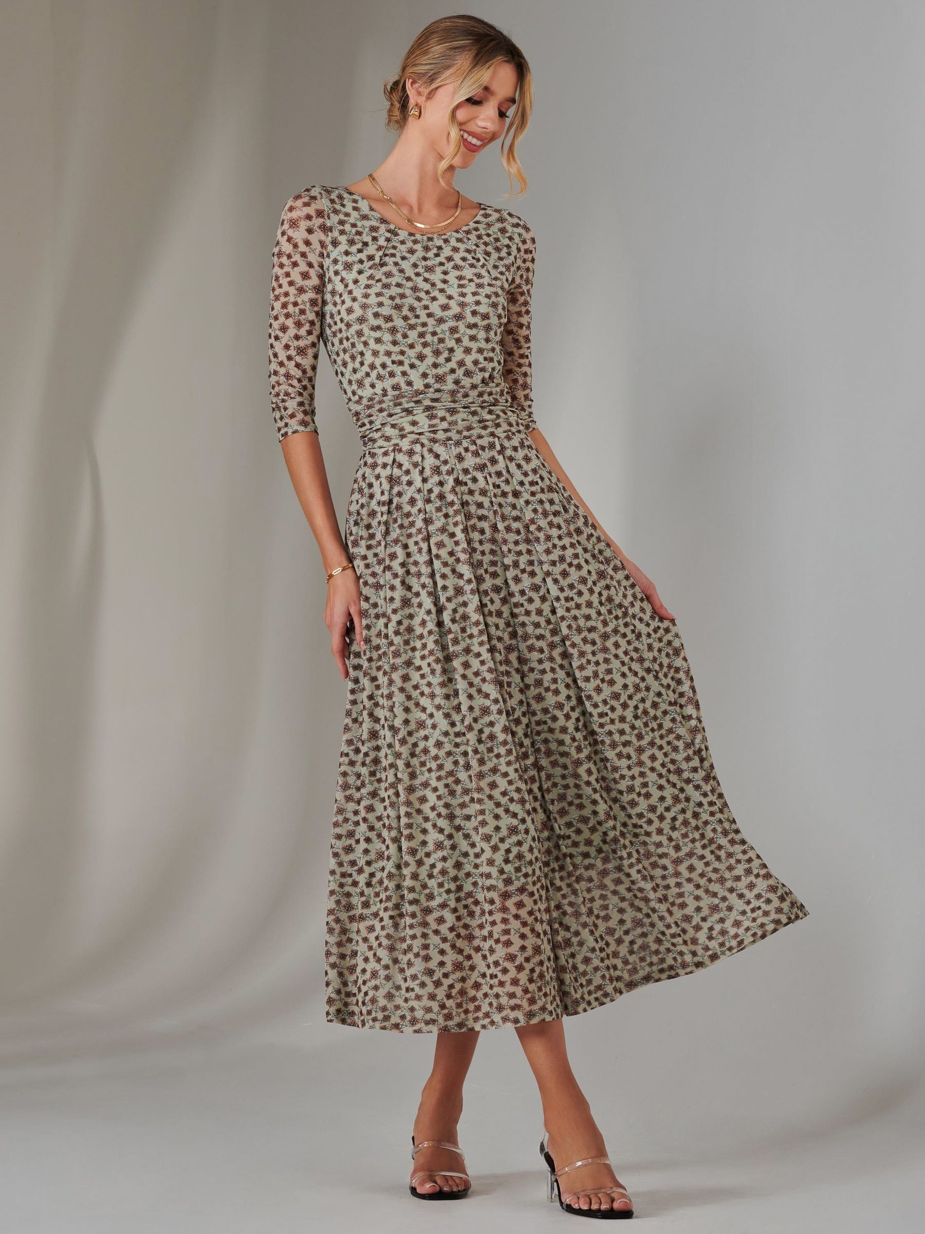 Buy Jolie Moi Green Bella Print 3/4 Sleeve Mesh Maxi Dress from the ...