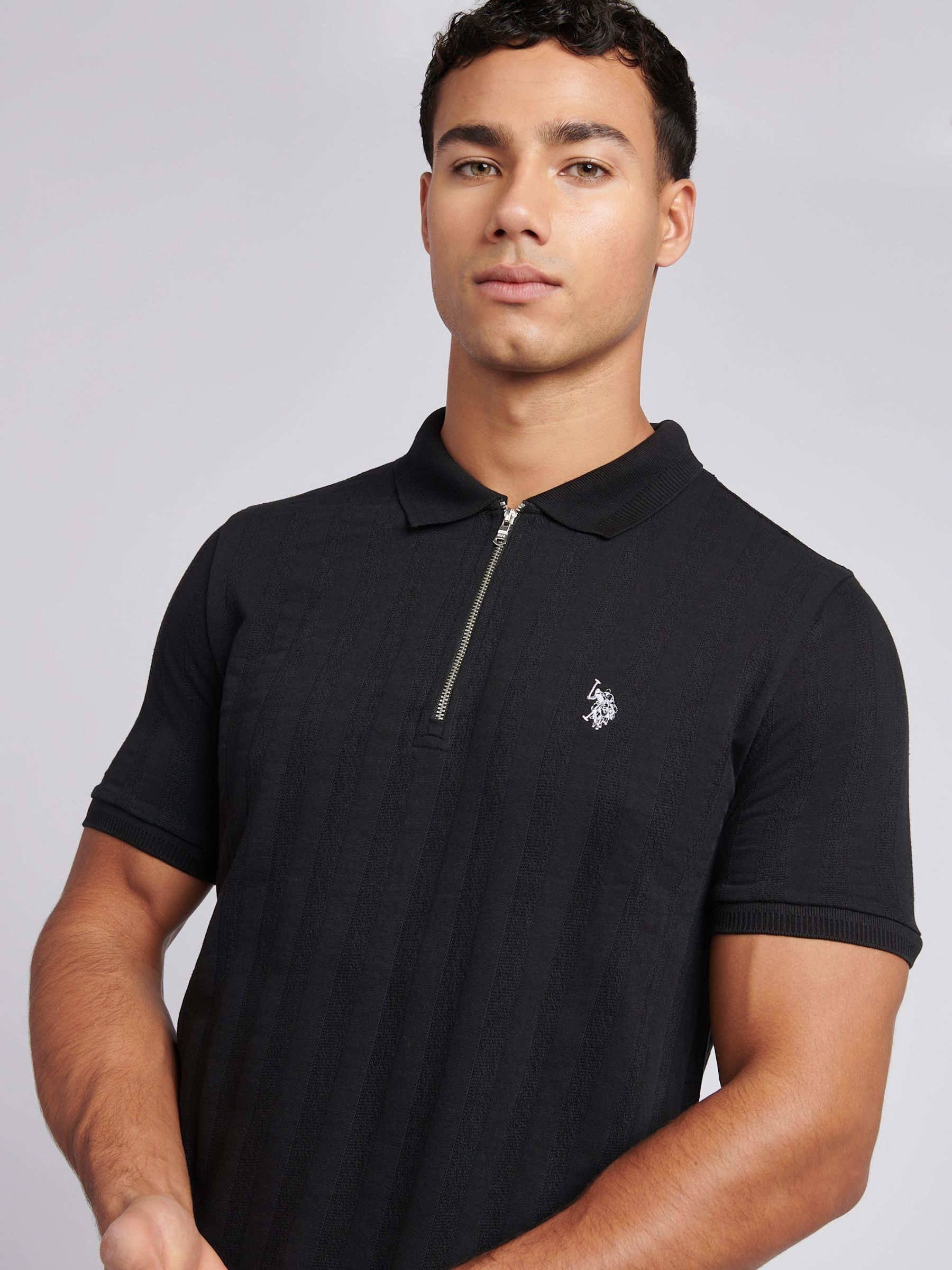 Buy U.S. Polo Assn Black Mens Stripe Textured Zip Polo Shirt from the ...