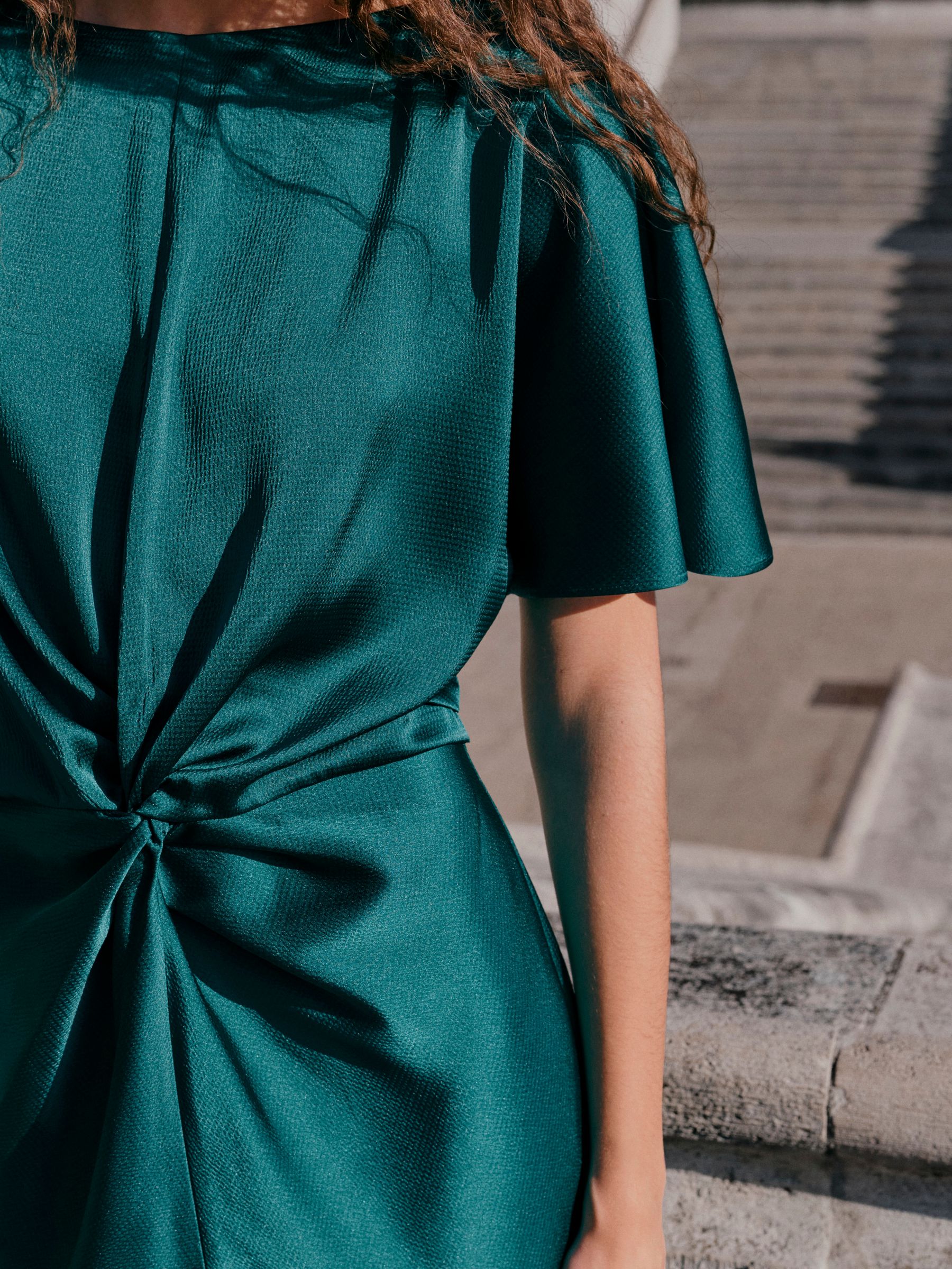 Buy Emerald Green Textured Satin Short Sleeve Twist Front Midi Dress ...