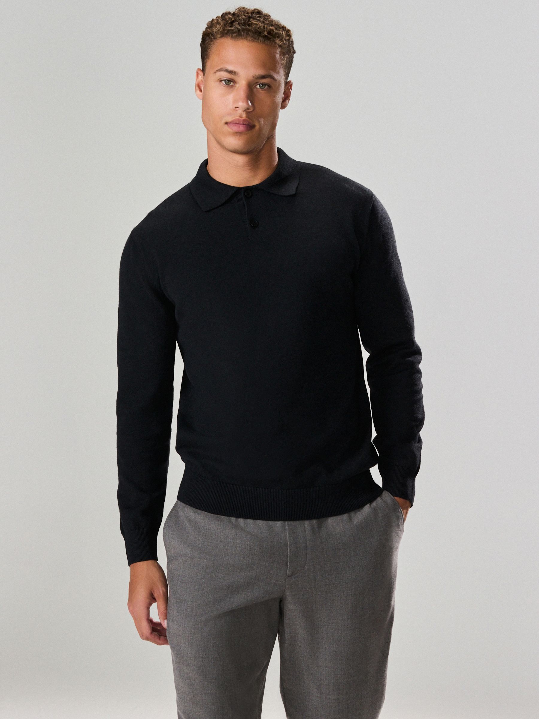 Buy Black Plain Regular Fit Long Sleeve Knitted Polo Shirt from the ...