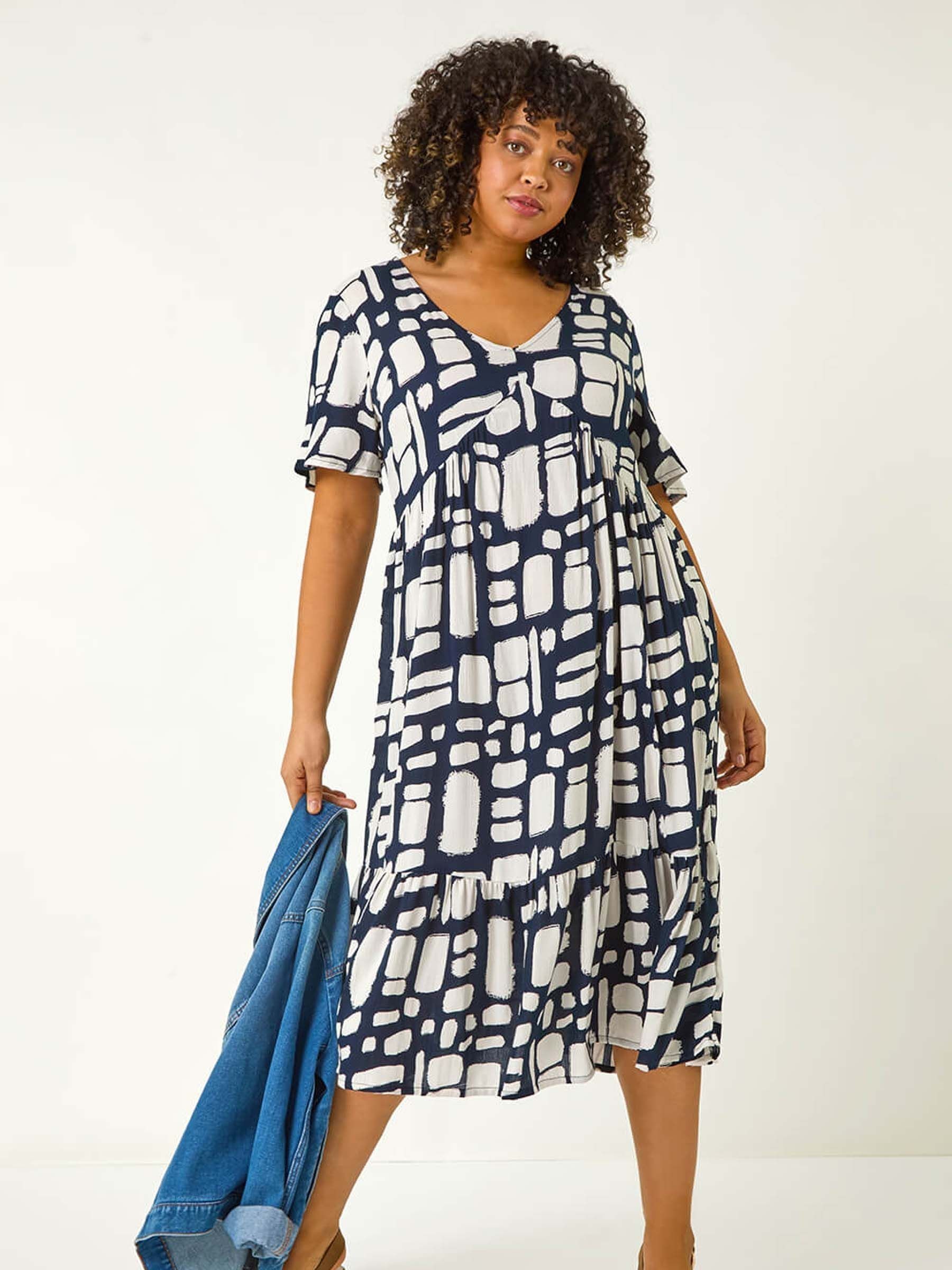 Buy Roman Blue Curve Print Tiered V-Neck Dress from the Next UK online shop