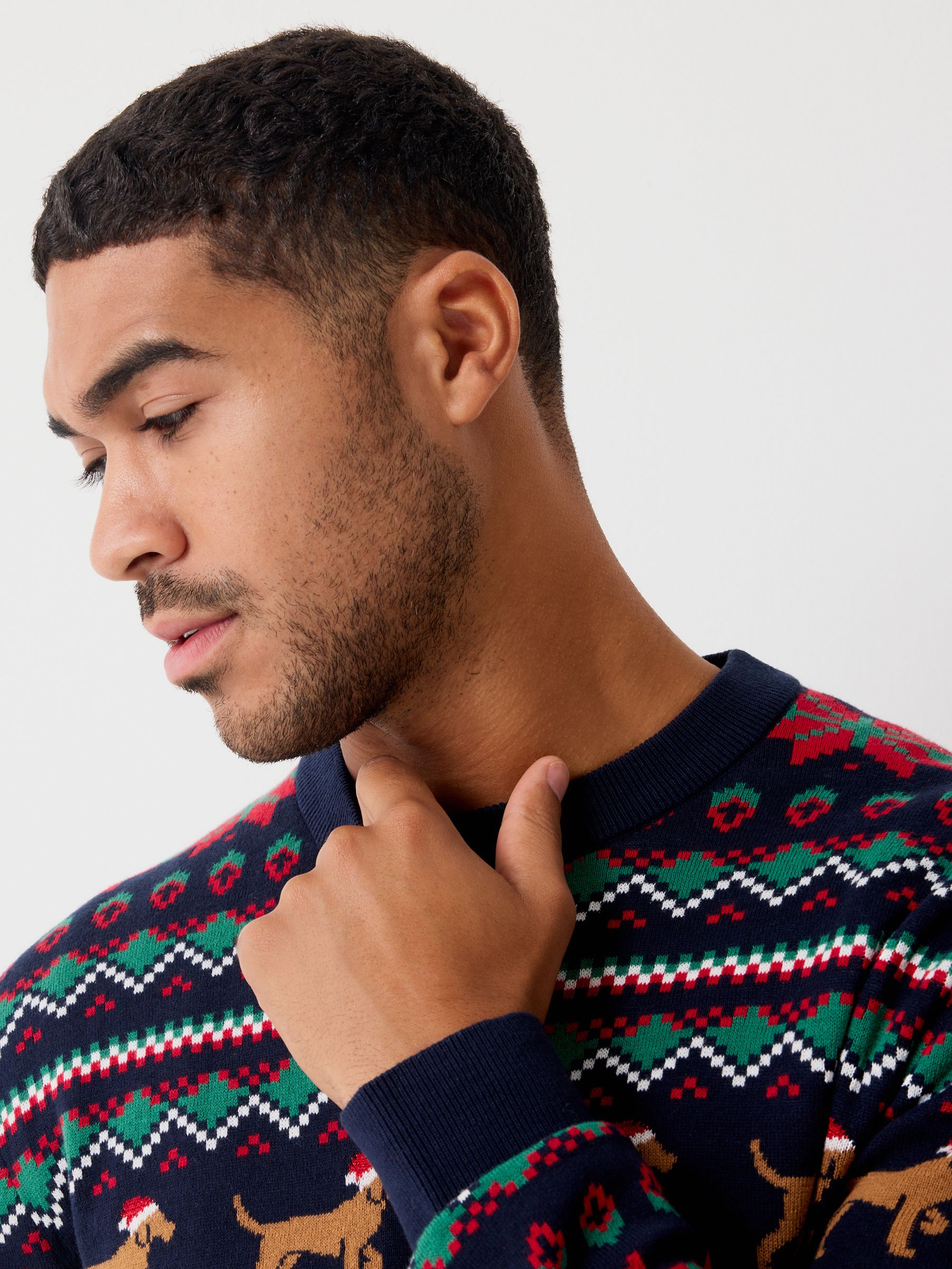Buy Navy Blue Regular Fit Christmas Fairisle Pattern Crew Jumper from ...