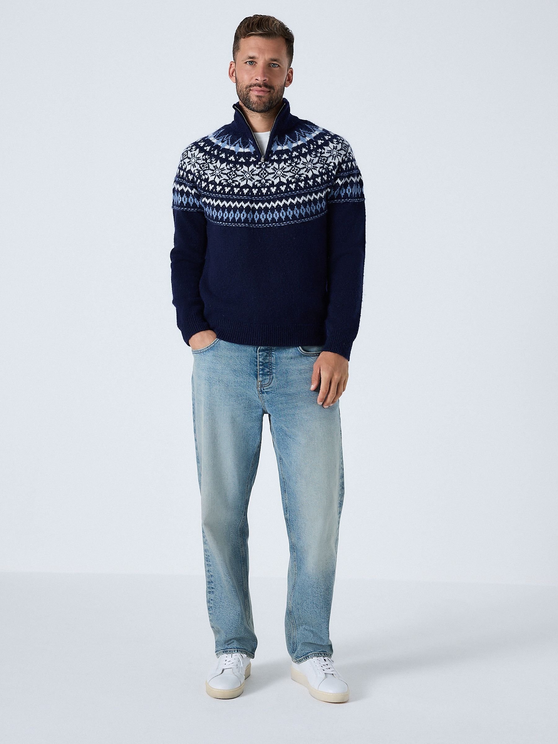 Buy Navy Blue Regular Fit Fairisle Pattern Quarter Zip Neck Jumper with ...