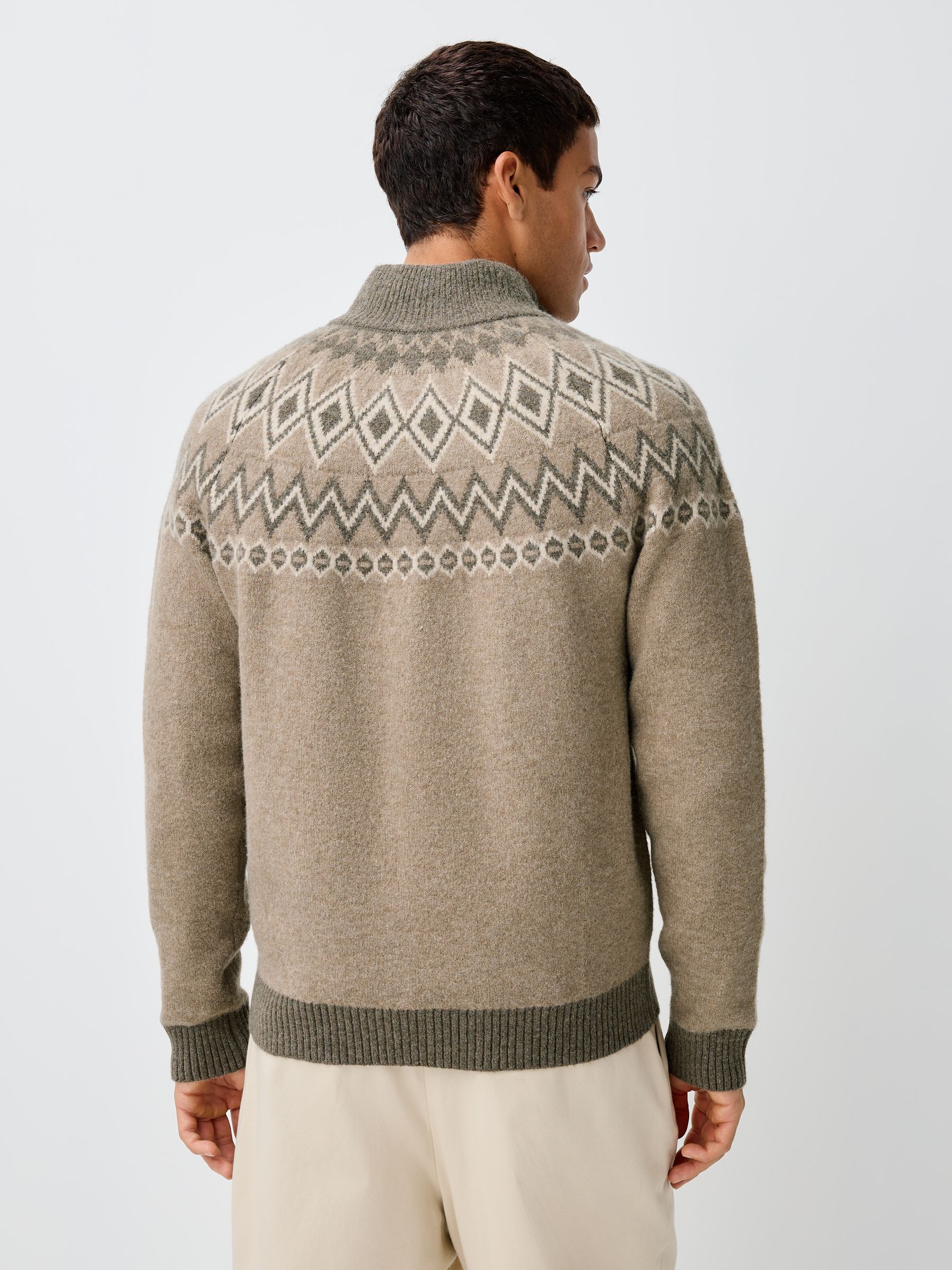 Buy Neutral Regular Fit Fairisle Pattern Quarter Zip Neck Jumper from ...