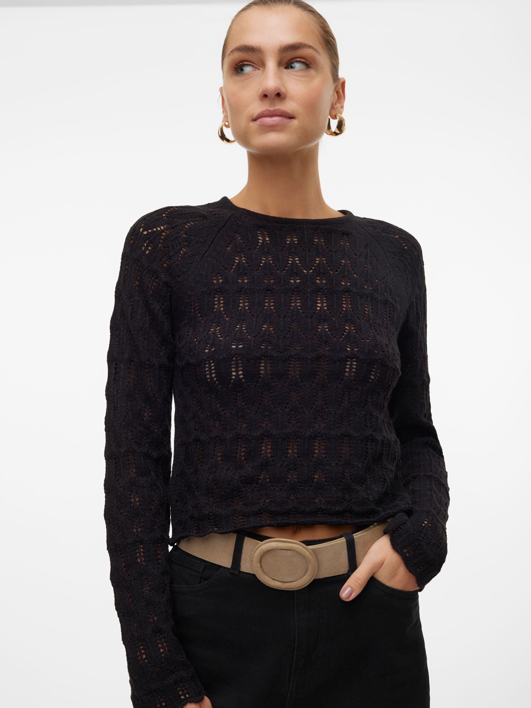 Buy VERO MODA Black Long Sleeve Crochet Round Neck Top from the Next UK ...