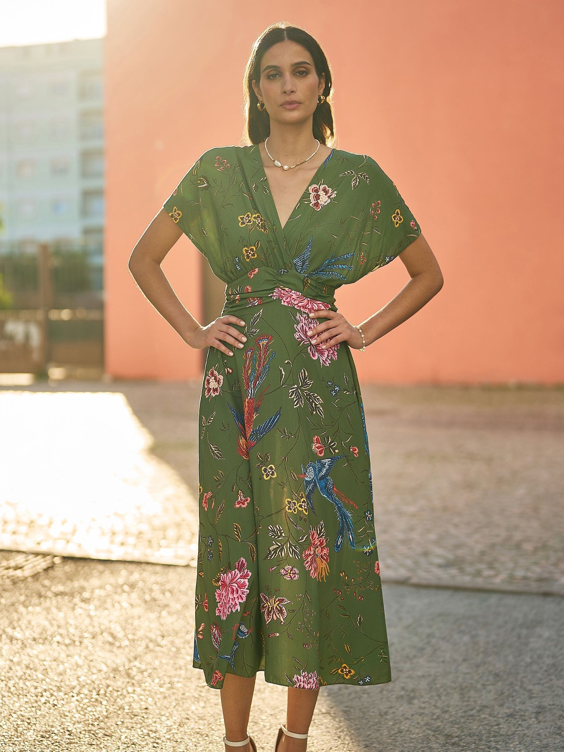 Buy Yumi Green Viscose Bird and Floral Print Kimono Midi Dress from the ...