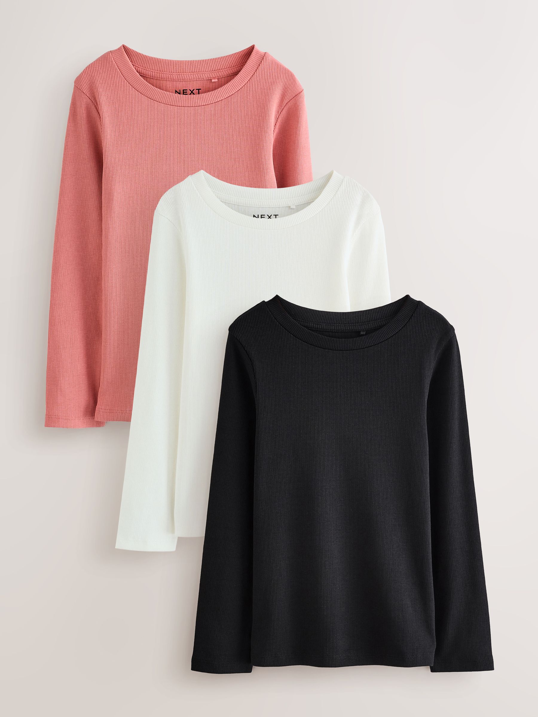 Buy Black/Pink/White - Long Sleeve Ribbed Tops 3 Pack (3-16yrs) from ...