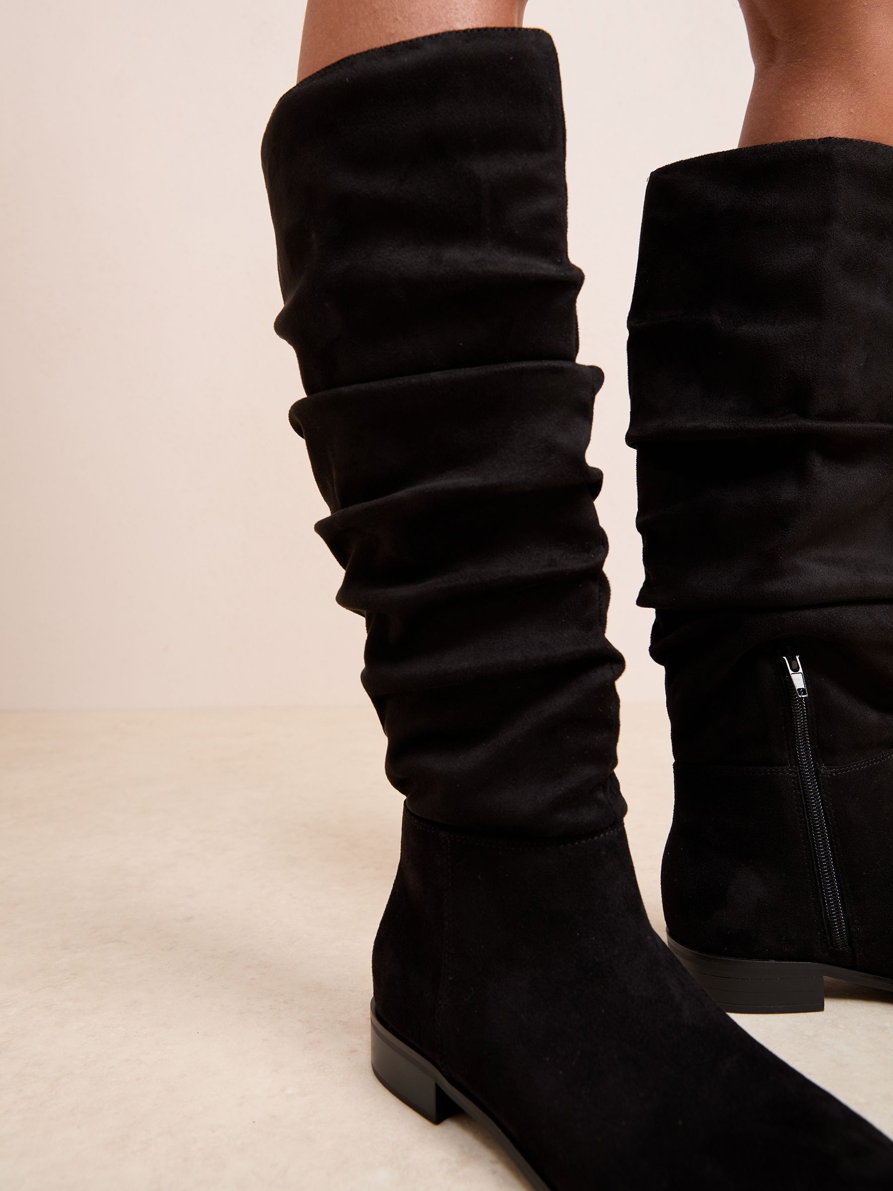 Buy Friends Like These Black Flat Ruched Faux Suede Knee High Long ...