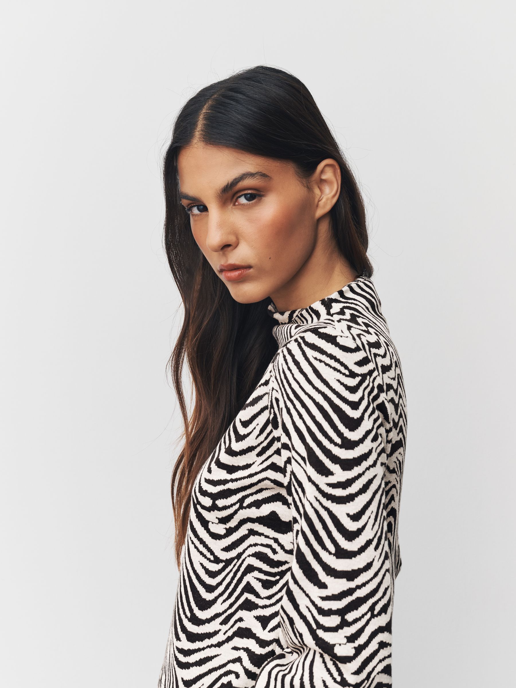 Buy Chocolate Brown Zebra Print Jacquard High Neck Long Sleeve Top from ...