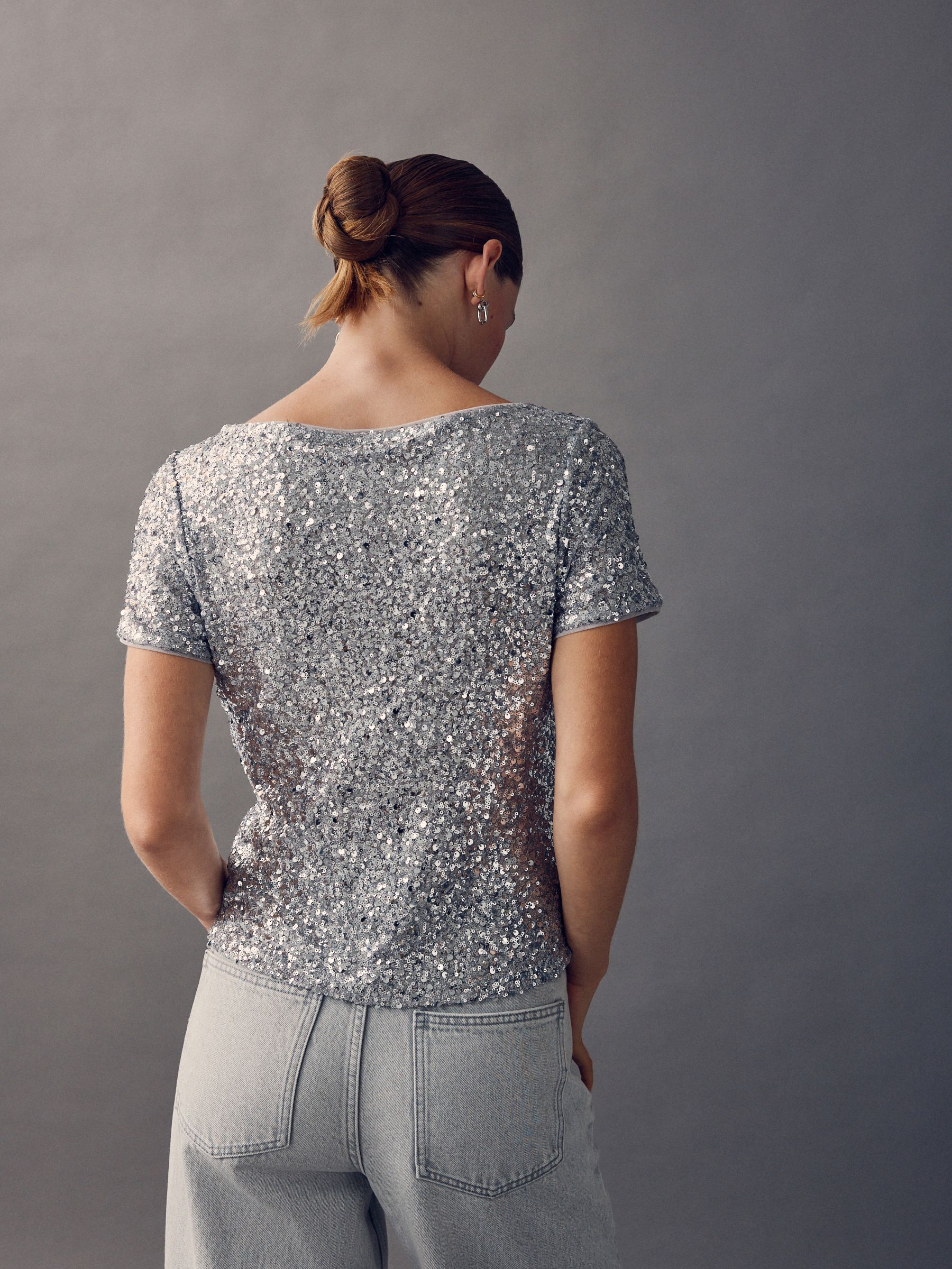 Buy Silver Short Sleeve Slash Neck Sequin T-Shirt from Next Israel