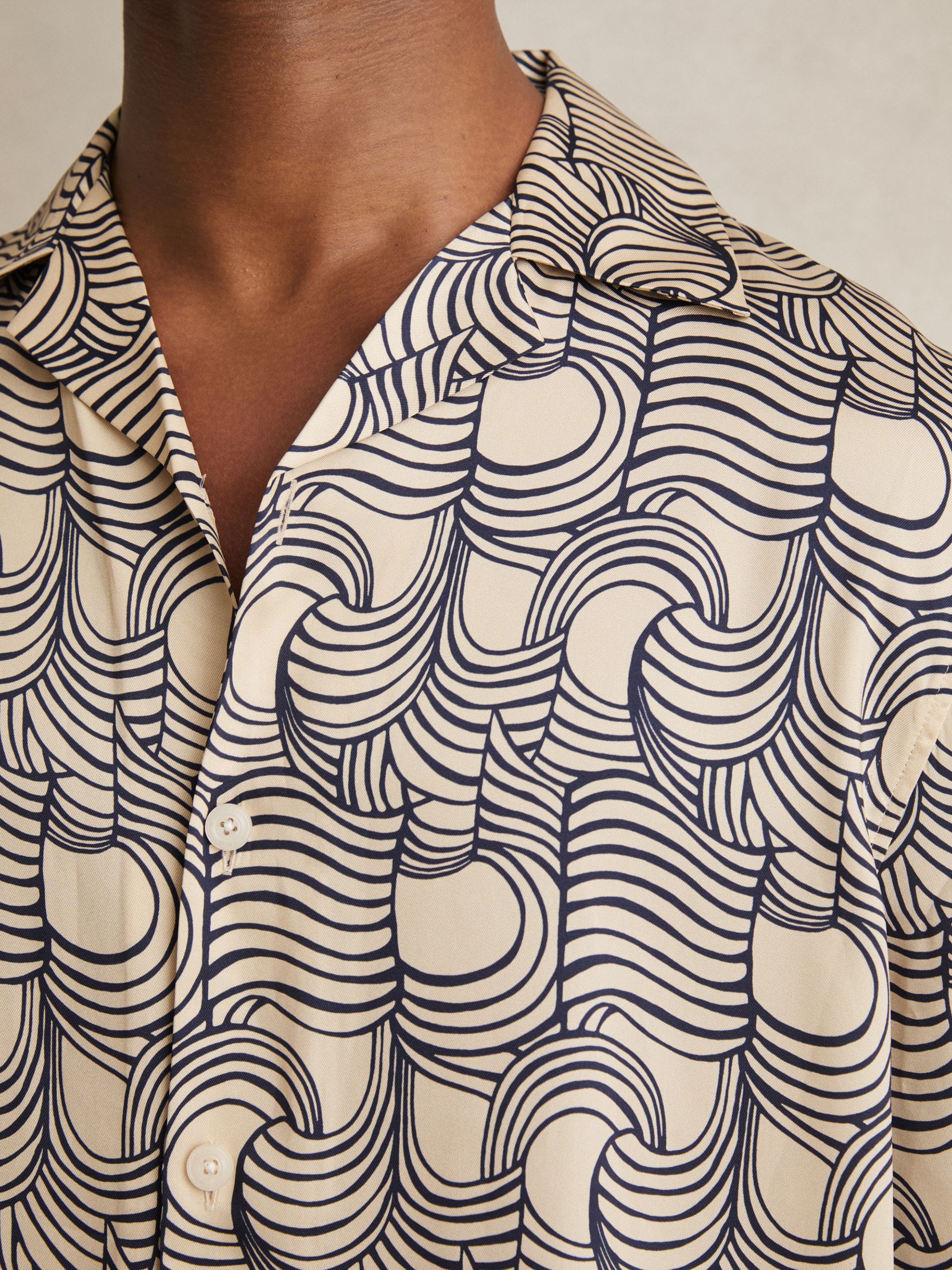 Buy Reiss Off White/Navy Waver Wave Print Cuban Collar Shirt from the ...