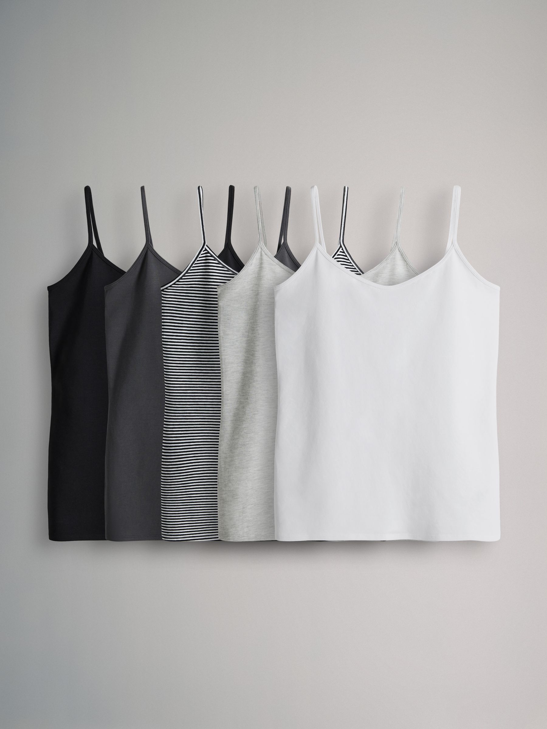Buy The Set 5 Pack Thin Strap Vest Tops Black/Grey/Stripe/Light Grey ...