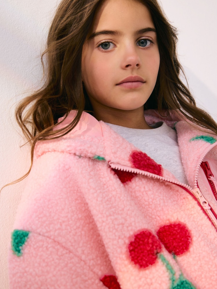 Buy Pink/Red Cherry Hooded Zip Borg Fleece Jacket (3-16yrs) from Next ...